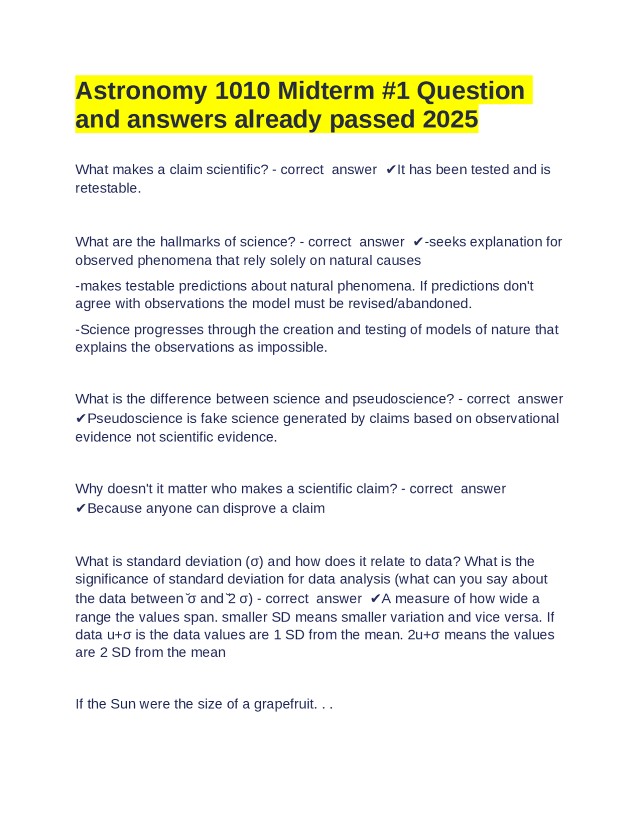 Astronomy 1010 Midterm Exam Questions and Answers | Exams Astronomy | Docsity