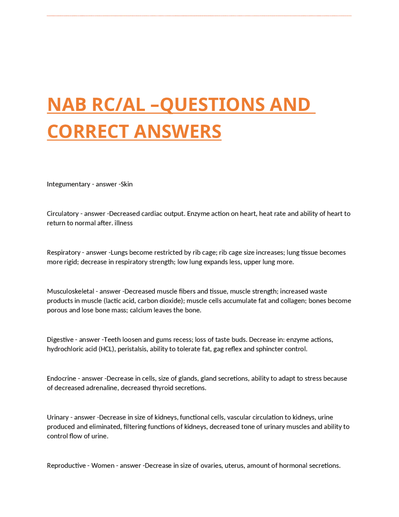 NAB RC-AL –QUESTIONS AND CORRECT ANSWERS.docx | Exams Nursing | Docsity