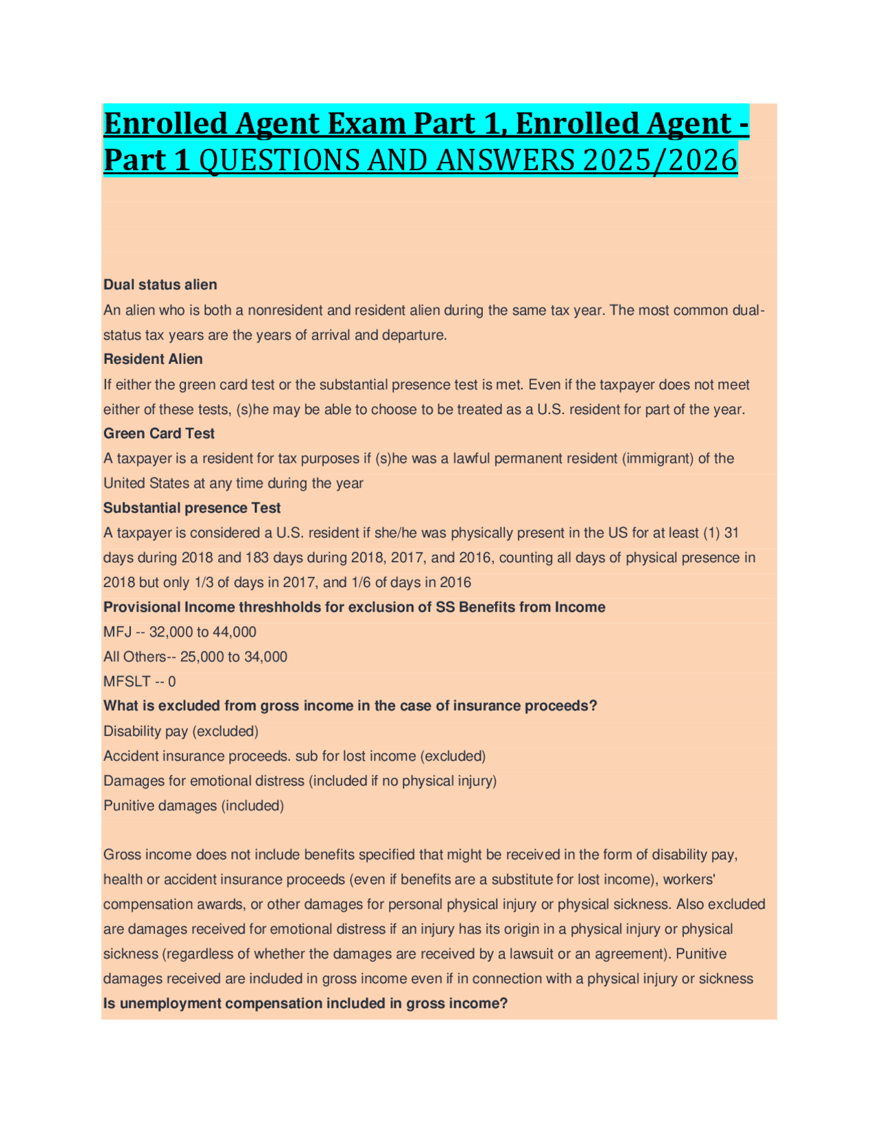 Enrolled Agent Exam Part 1, Enrolled Agent - Part 1 QUESTIONS AND ...