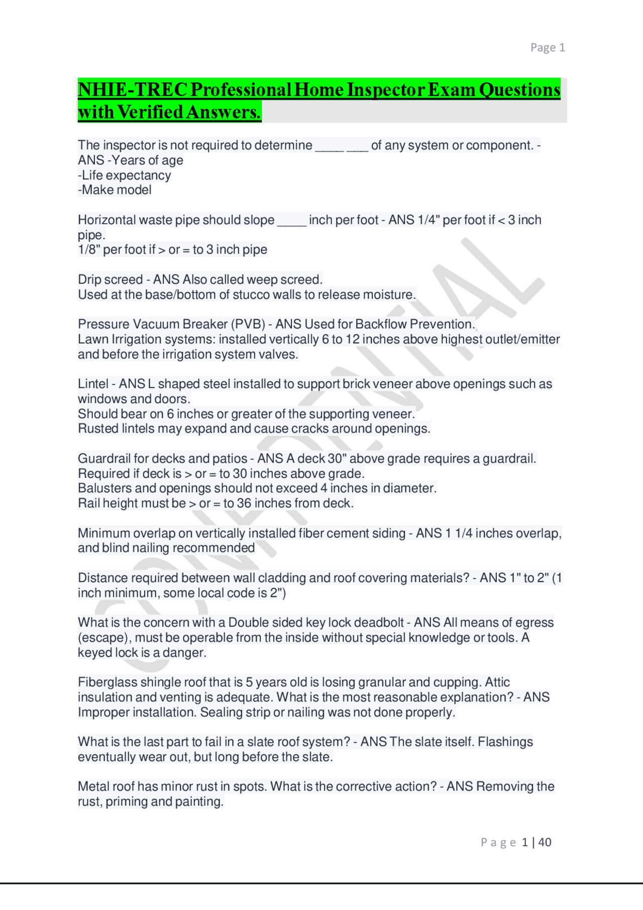 NHIE-TREC Professional Home Inspector Exam Questions with Verified ...