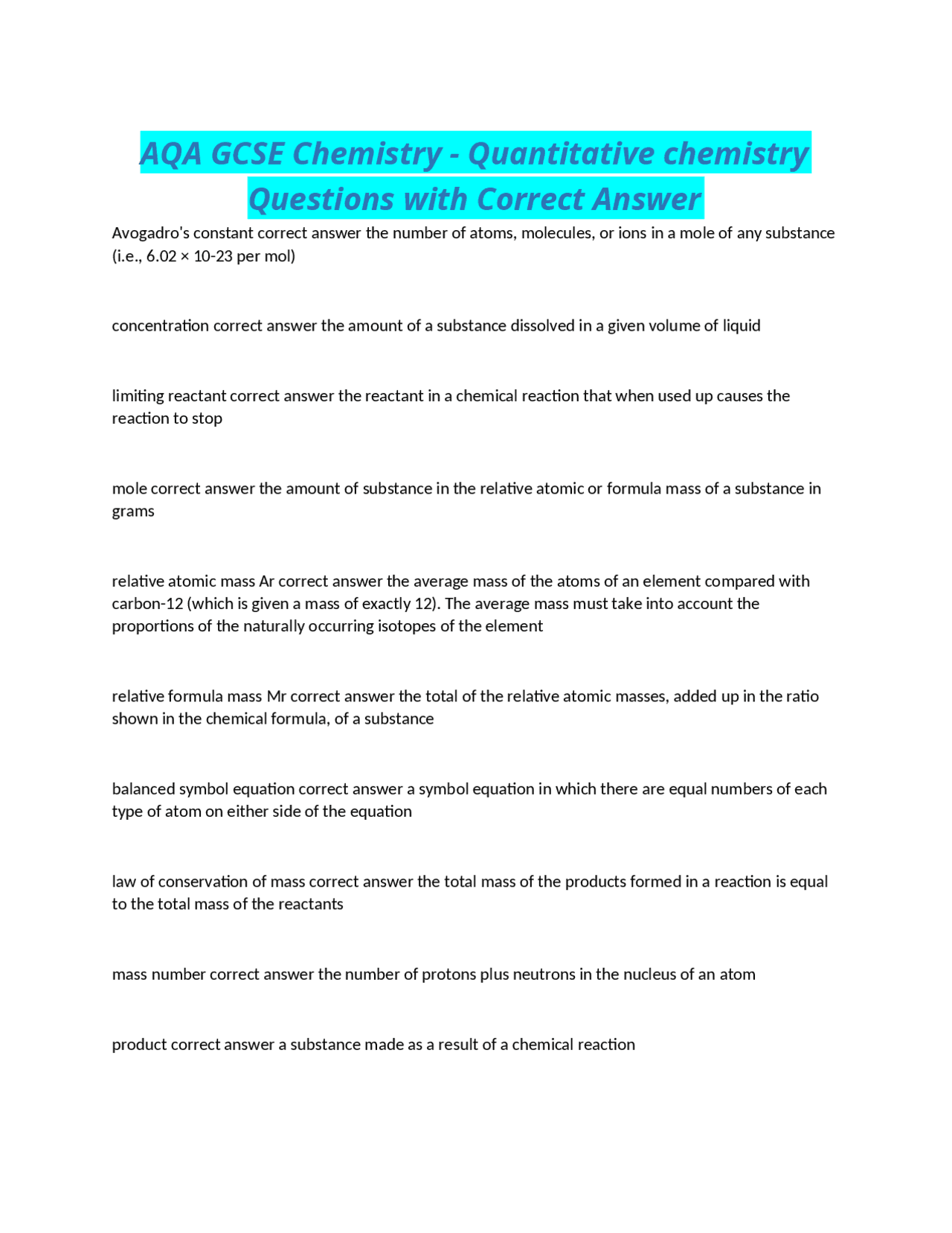 AQA GCSE Chemistry - Quantitative chemistry Questions with Correct ...