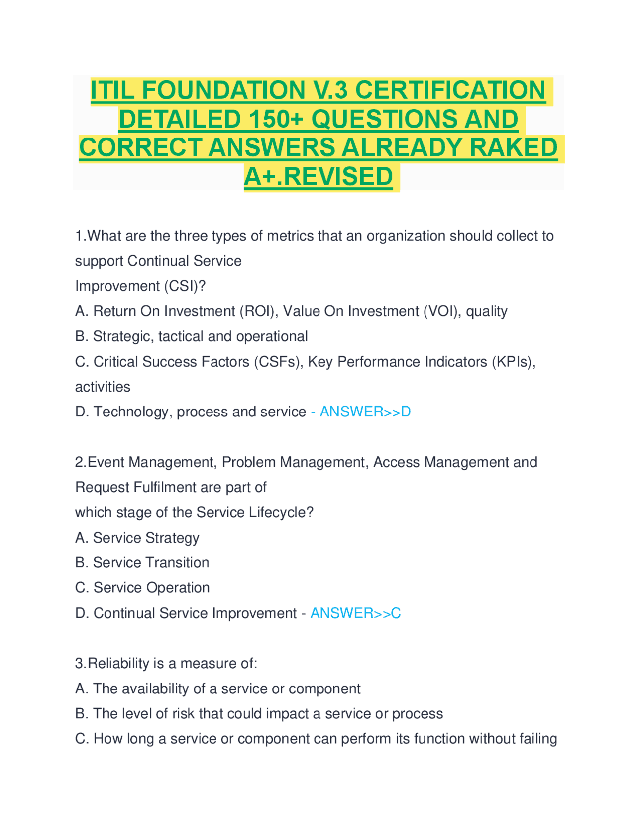 ITIL FOUNDATION V.3 CERTIFICATION DETAILED 150+ QUESTIONS AND CORRECT ANSWERS ALREADY RA | Exams ...