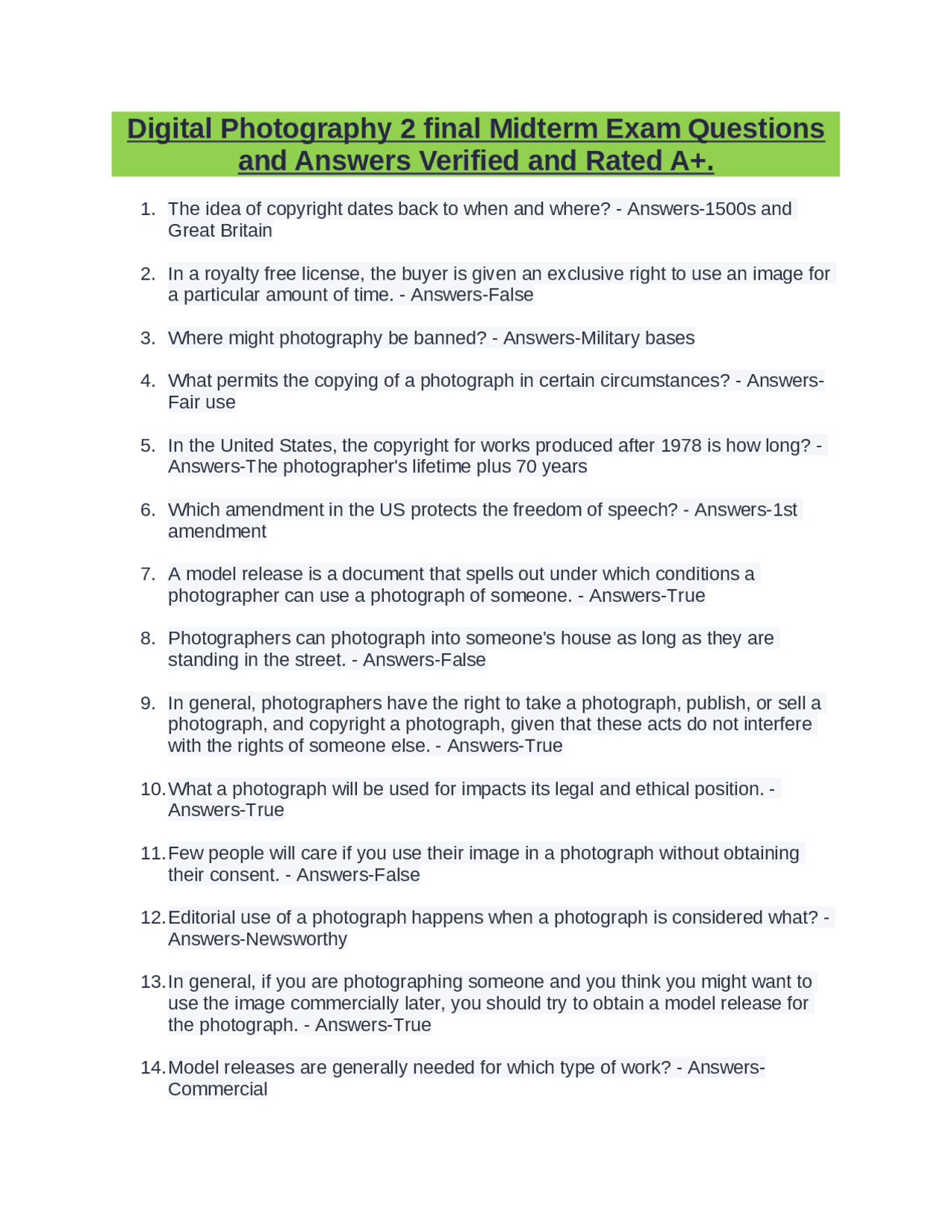 Digital Photography 2 final Midterm Exam Questions and Answers Verified ...