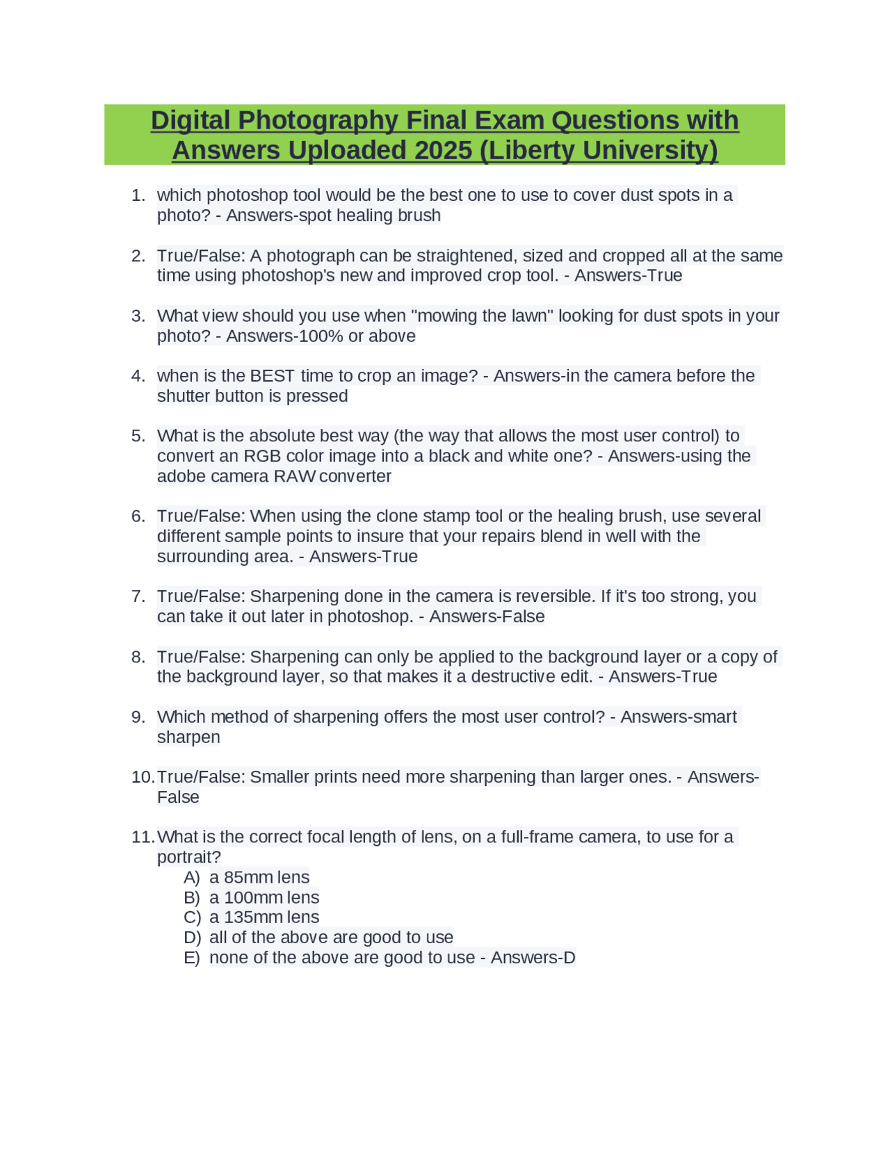 Digital Photography Final Exam Questions with Answers Uploaded 2025 ...