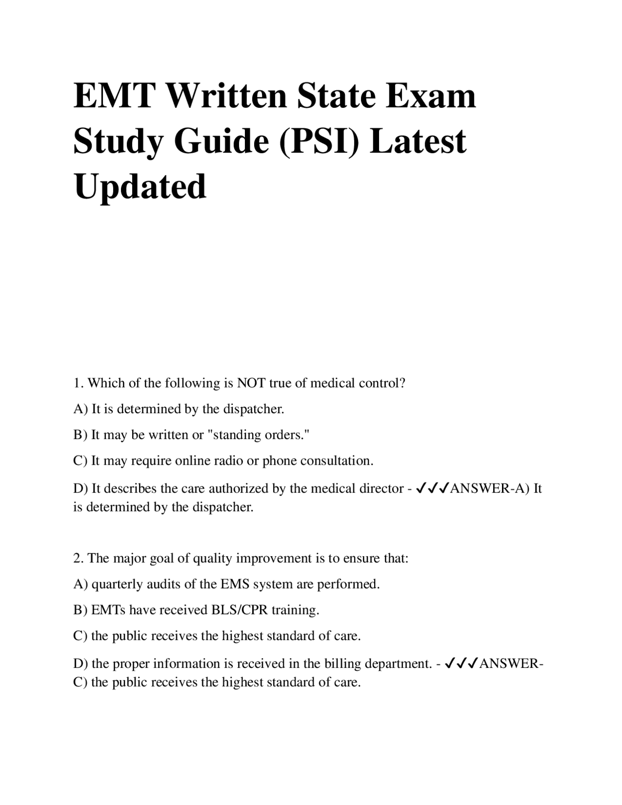 EMT Written State Exam Study Guide (PSI) Latest Updated | Exams Health ...