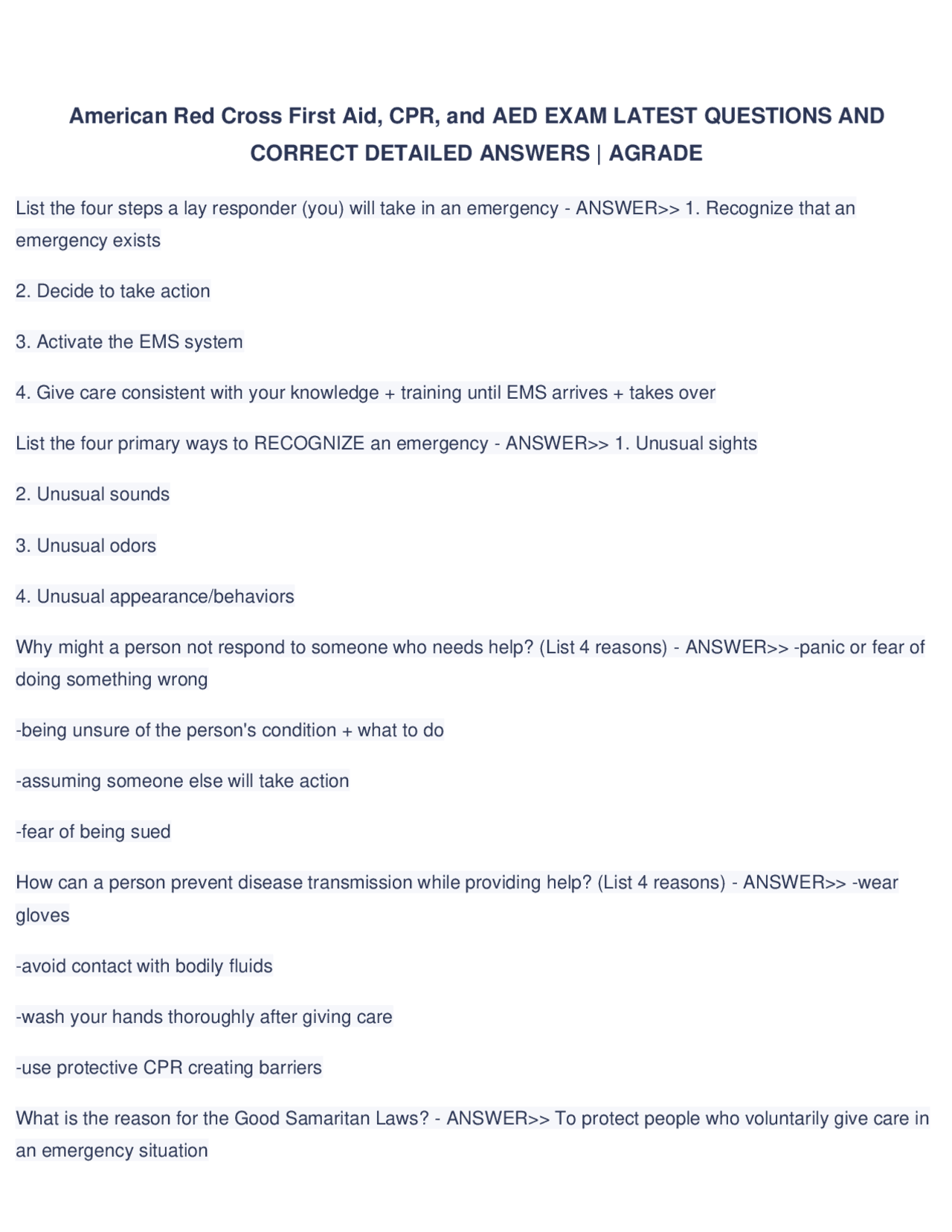 American Red Cross First Aid, CPR, and AED EXAM LATEST QUESTIONS AND ...