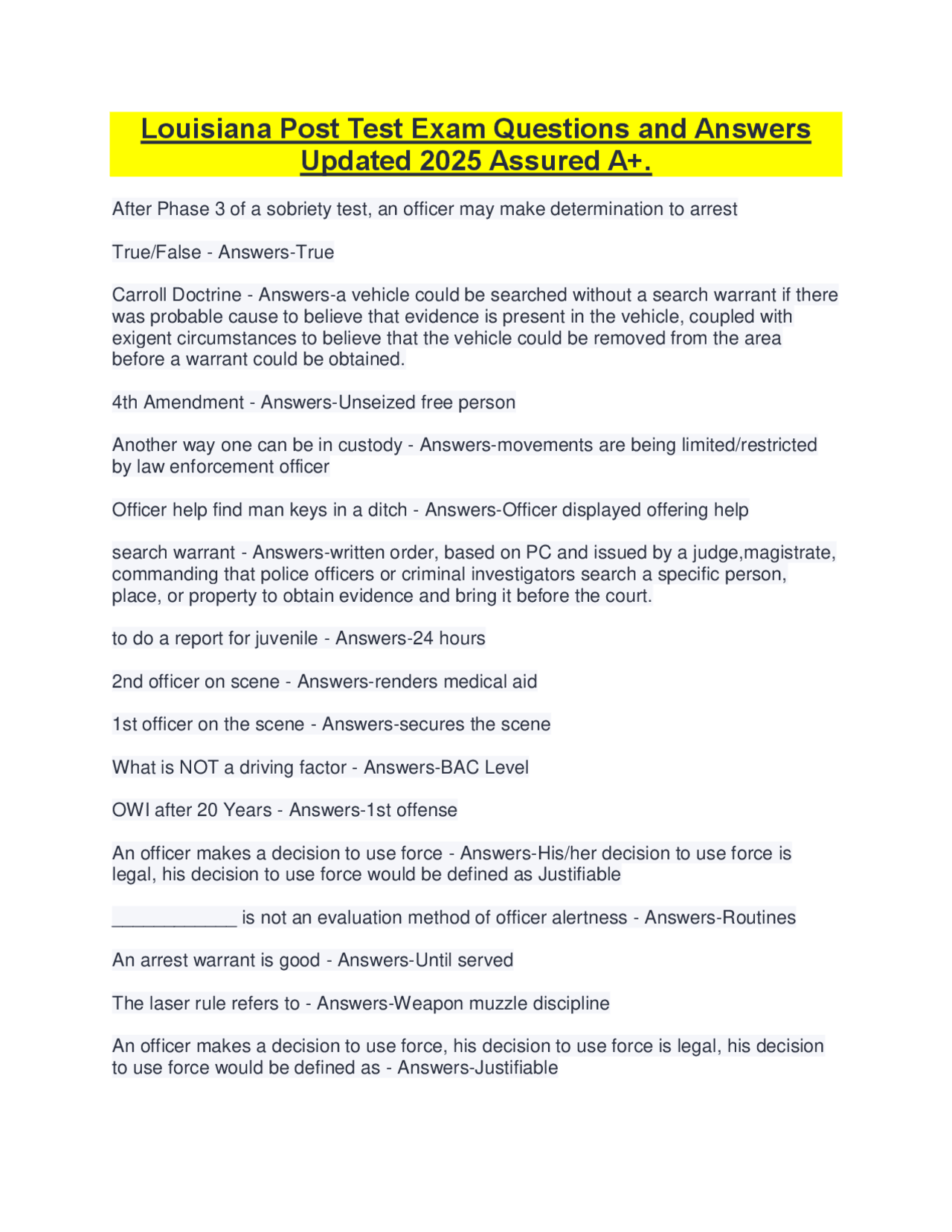 Louisiana Post Test Exam Questions and Answers Updated 2025 Assured A+ ...