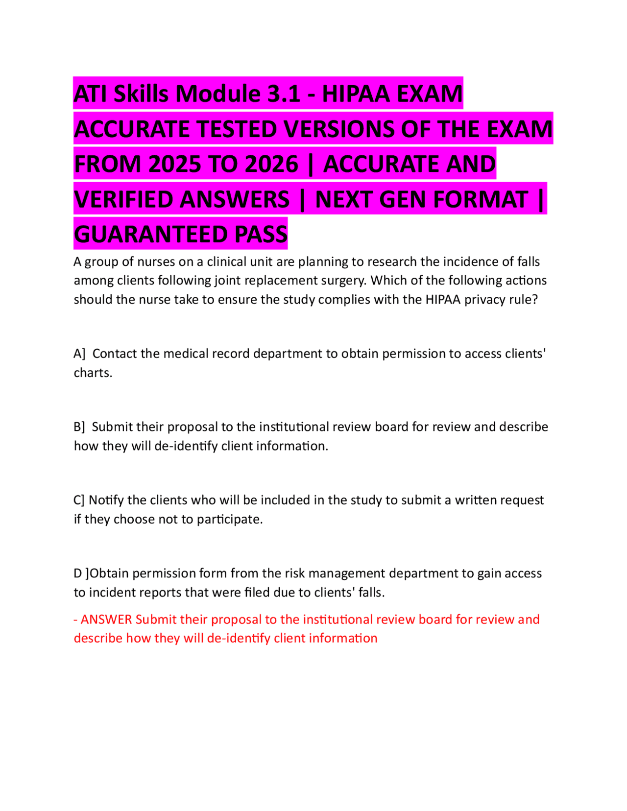 ATI Skills Module 3.1 - HIPAA EXAM ACCURATE TESTED VERSIONS OF THE EXAM ...
