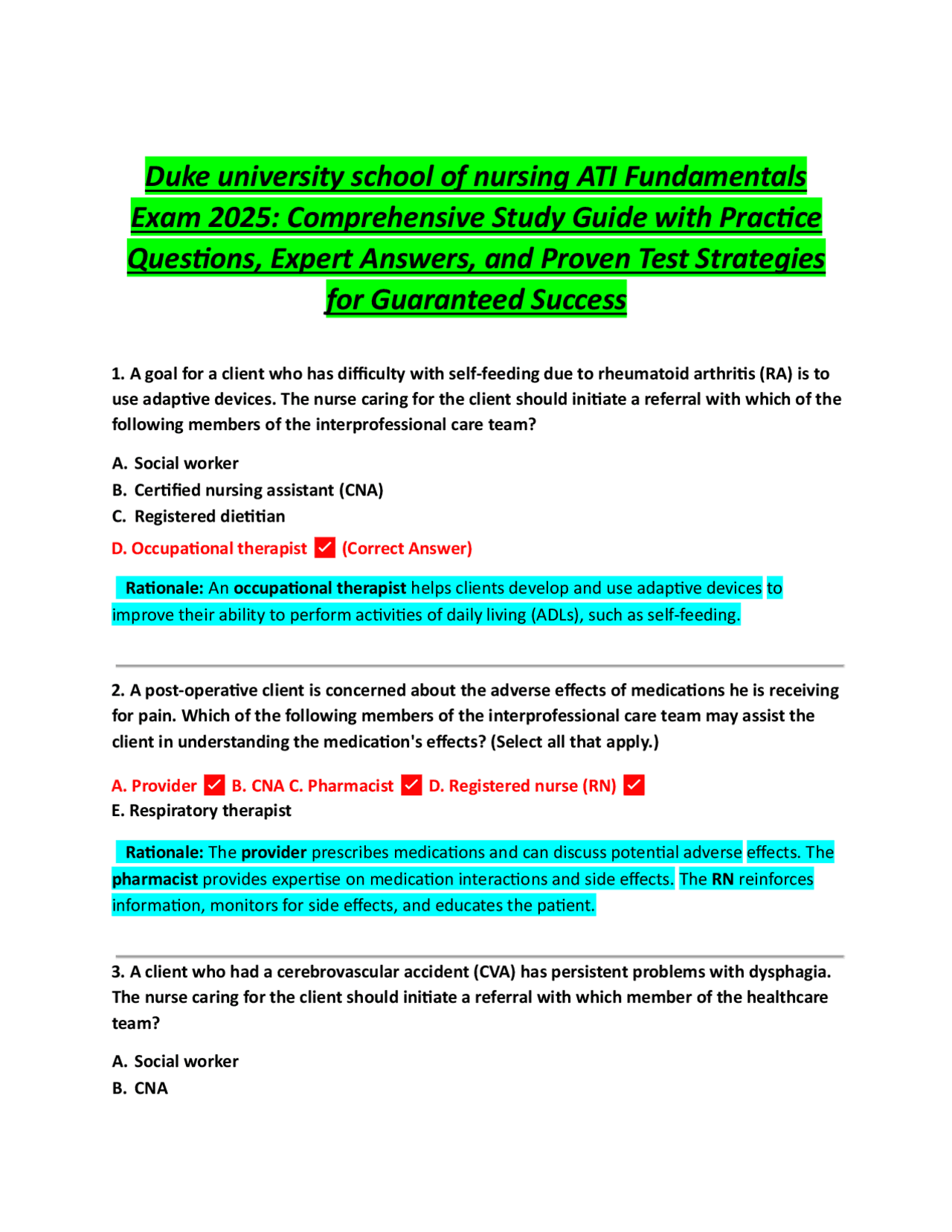 Duke university school of nursing A.T.I Fundamentals Exam 2025 ...