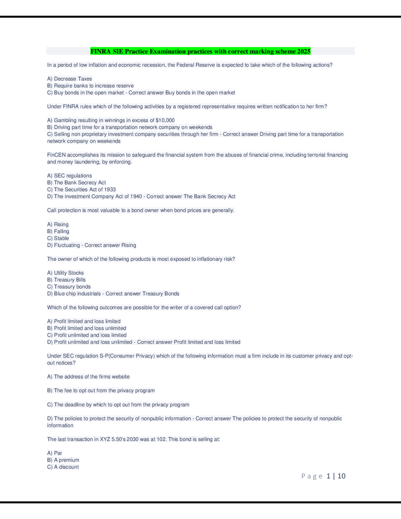 FINRA SIE Exam Practice Questions 2025 | Exams Public finance | Docsity