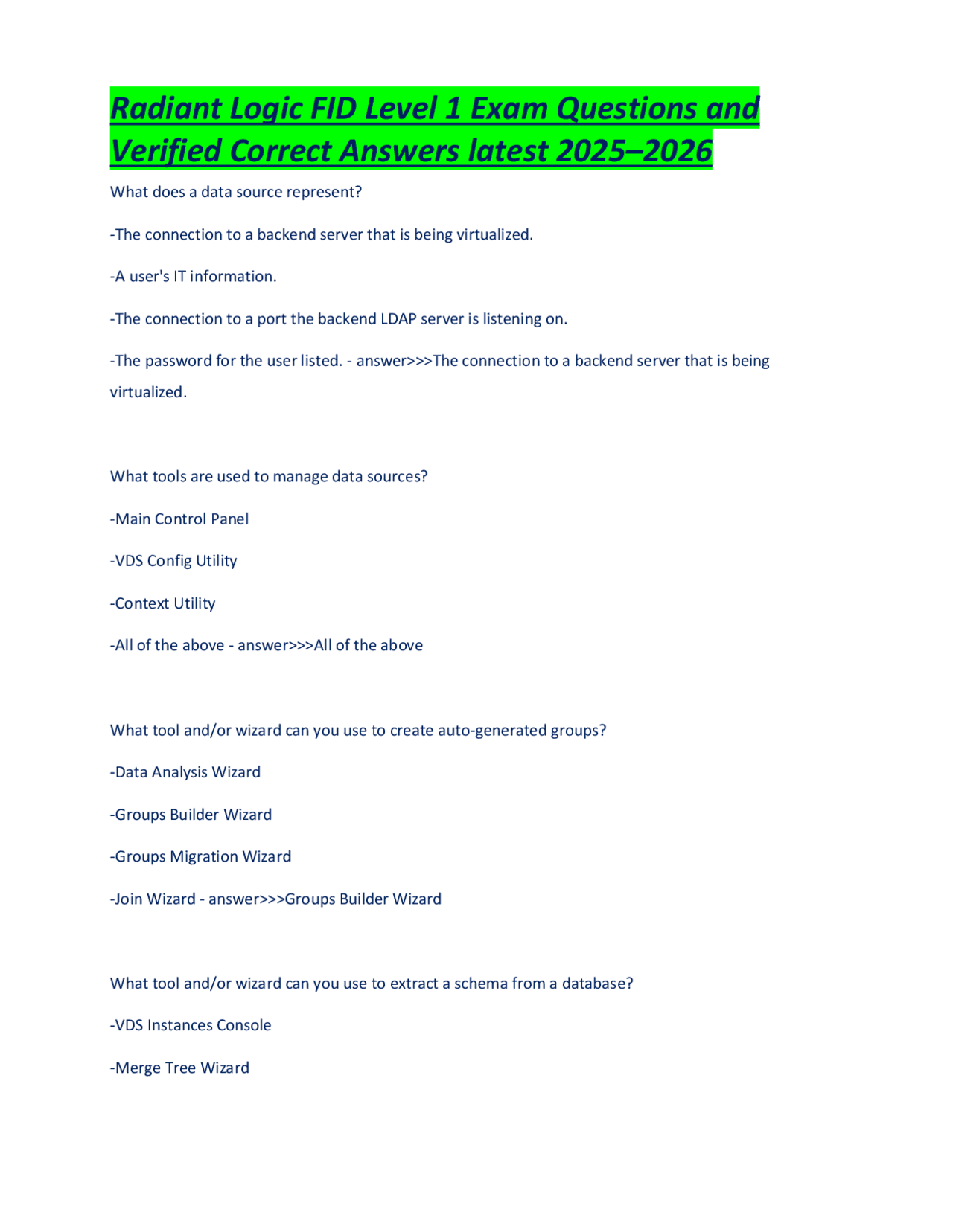 Radiant Logic FID Level 1 Exam Prep: Questions and Answers 2025-2026 | Exams Public Health | Docsity