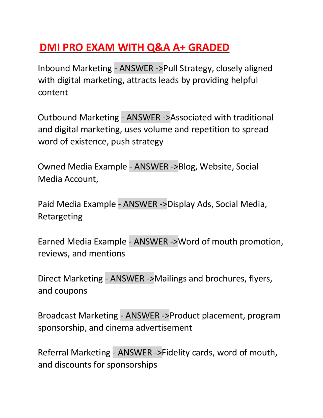 DMI PRO EXAM WITH Q&A A+ GRADED | Exams Marketing | Docsity