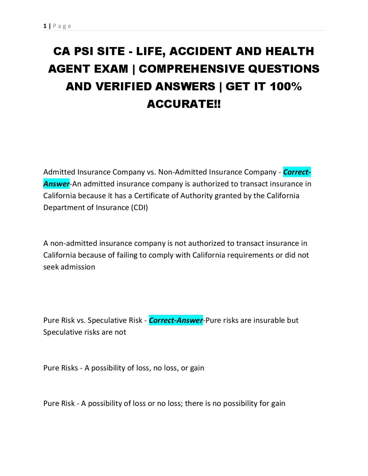 CA PSI SITE - LIFE, ACCIDENT AND HEALTH AGENT EXAM | COMPREHENSIVE ...