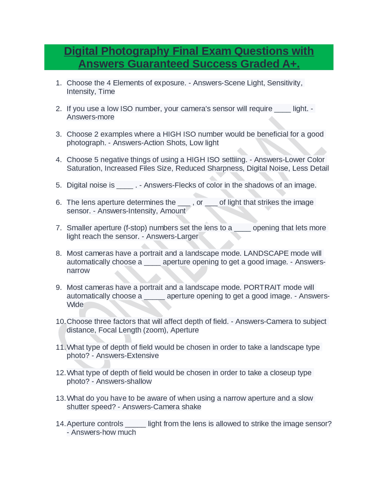 Digital Photography Final Exam Questions with Answers Guaranteed ...