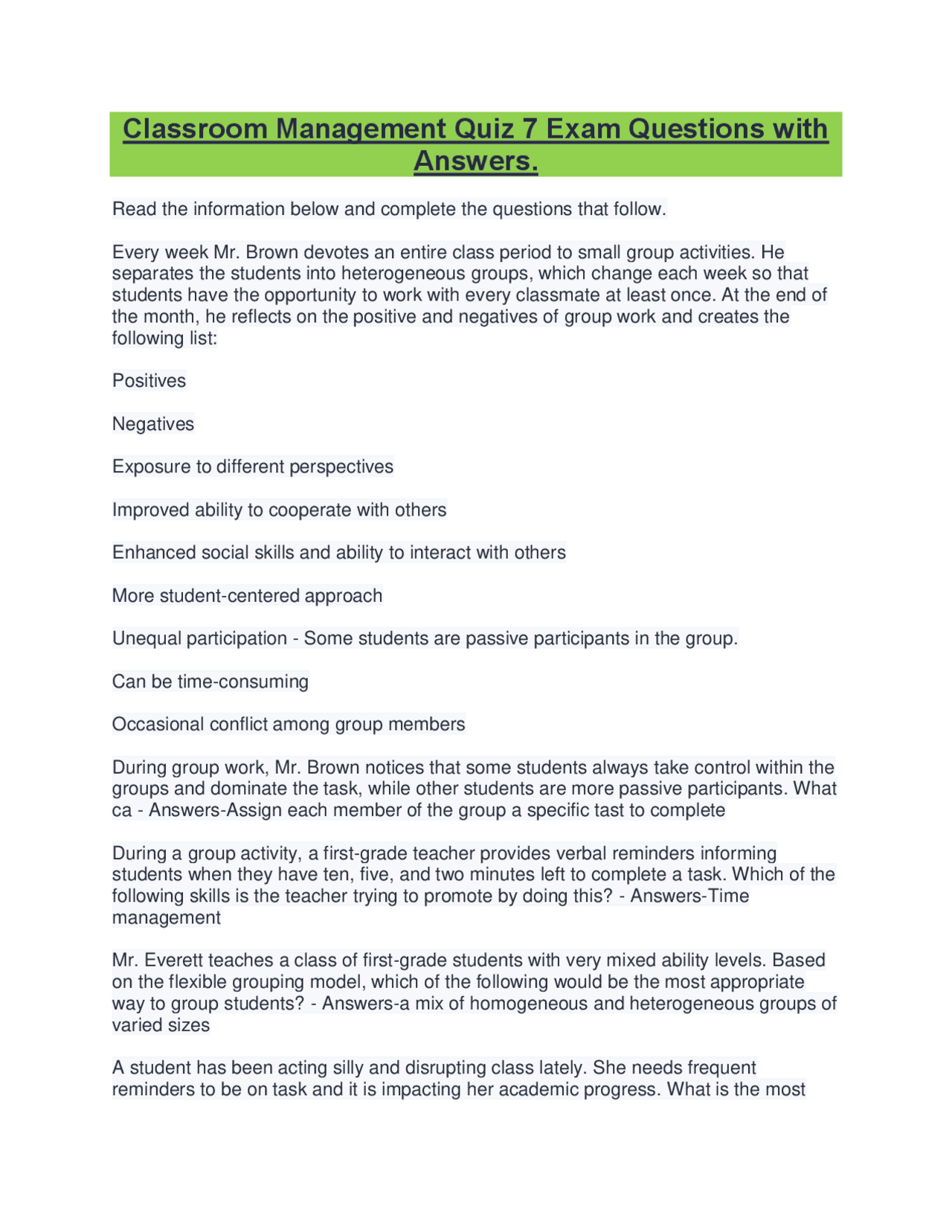 Classroom Management Quiz 7 Exam Questions with Answers. | Exams ...