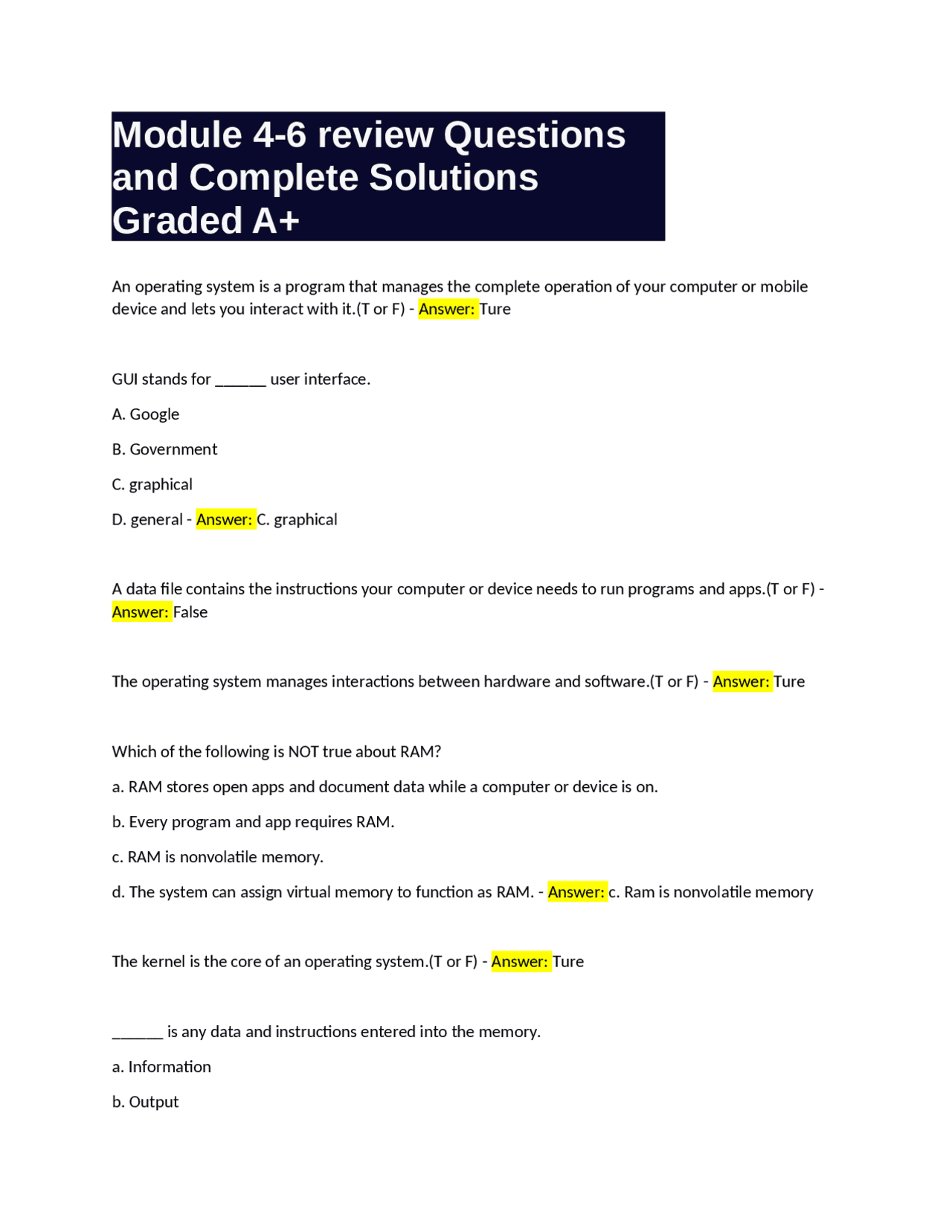 Module 4-6 review Questions and Complete Solutions Graded A+ | Exams ...