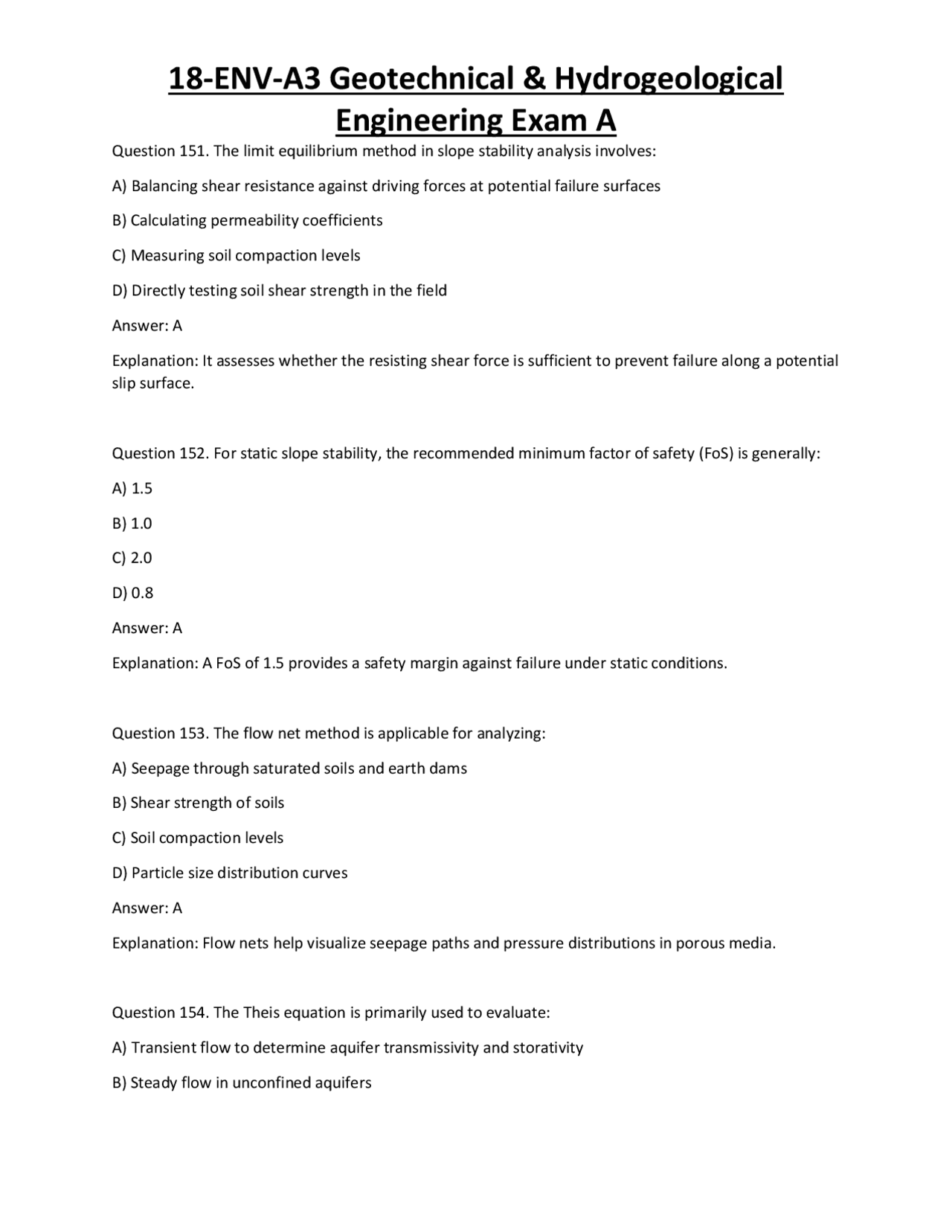 18-ENV-A3 Geotechnical & Hydrogeological Engineering Exam A | Exams Technology | Docsity