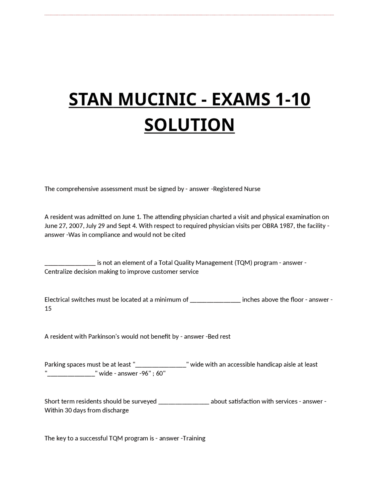 STAN MUCINIC - EXAMS 1-10 SOLUTION.docx | Exams Nursing | Docsity
