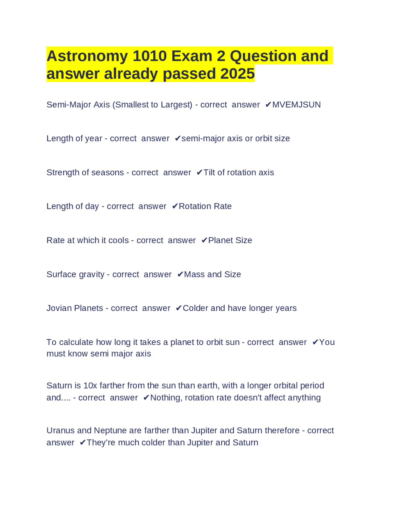 Astronomy 1010 Exam 2 Question and answer already passed 2025 | Exams ...