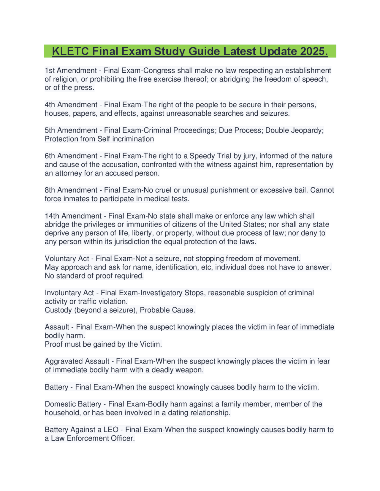 KLETC Final Exam Study Guide Latest Update 2025. | Exams Nursing | Docsity