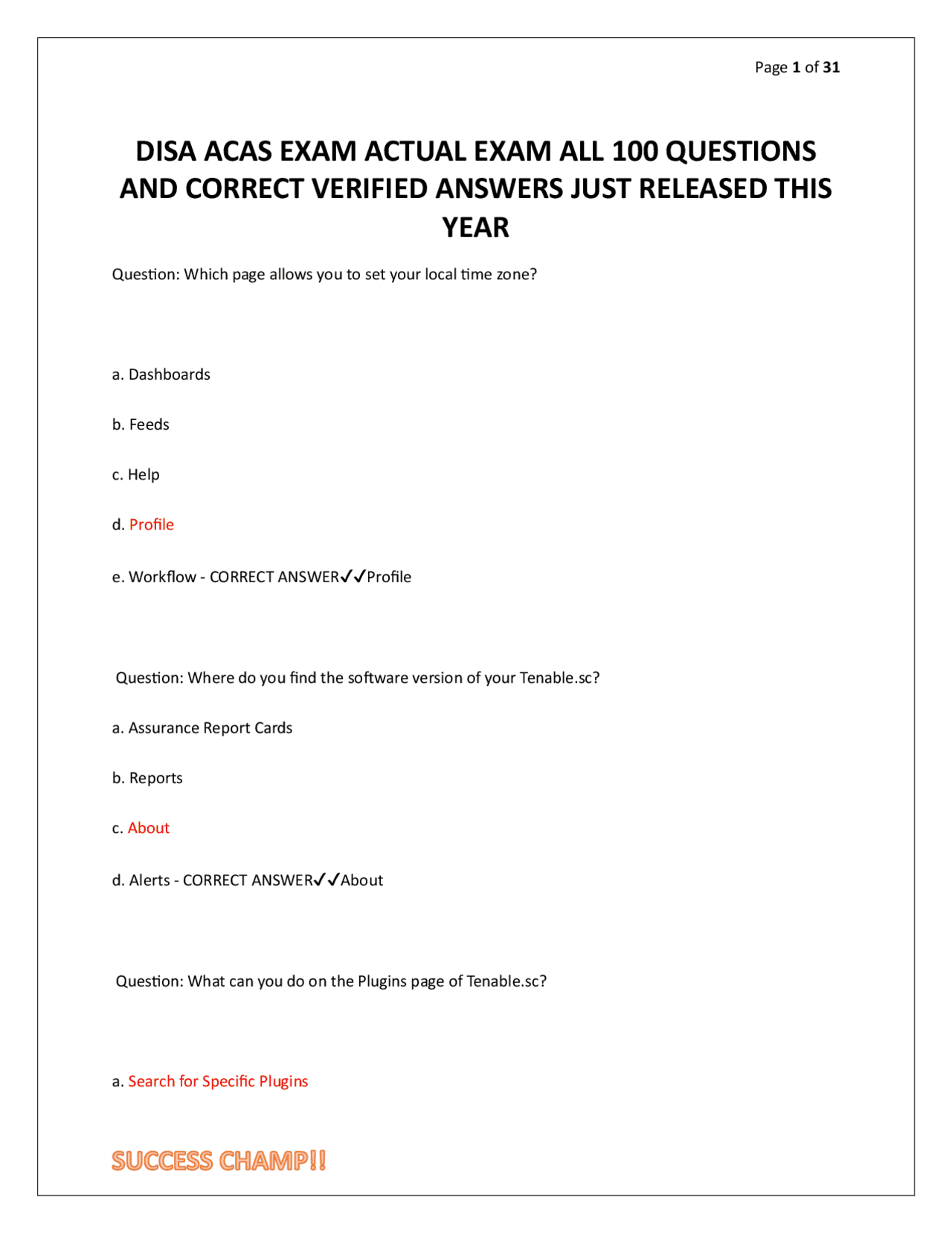 DISA ACAS EXAM ACTUAL EXAM ALL 100 QUESTIONS AND CORRECT VERIFIED ...