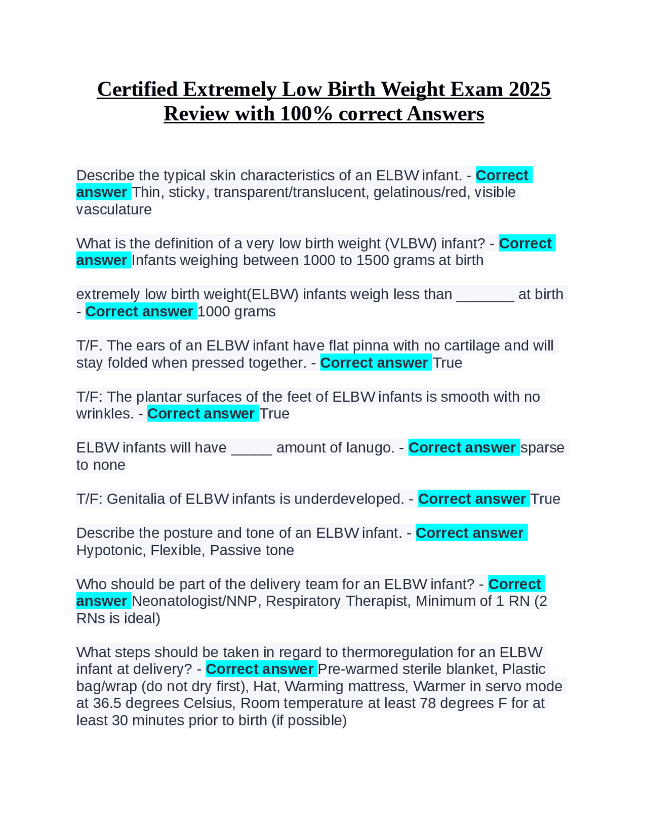 ELBW Exam Review: Neonatal Care for Extremely Low Birth Weight Infants ...