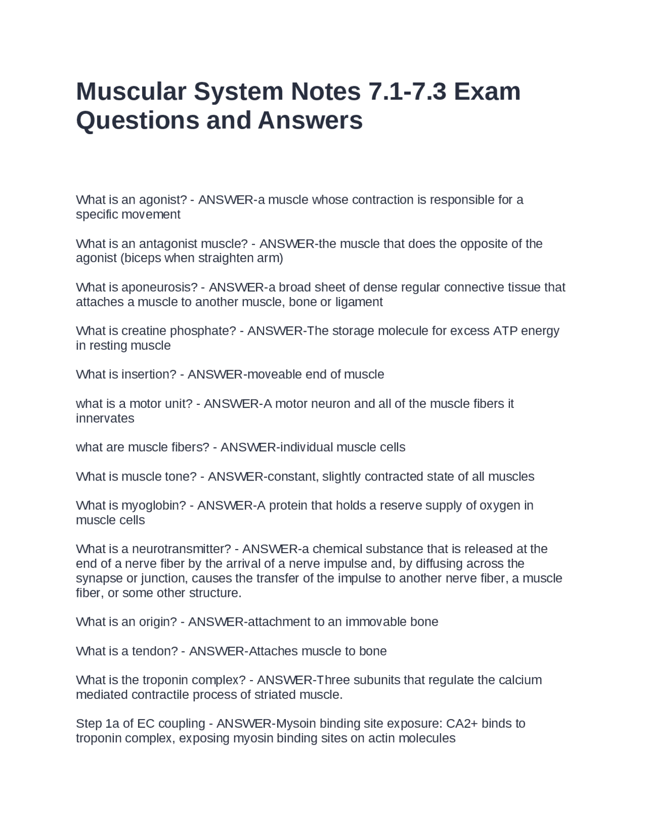 Muscular System Notes 7.1-7.3 Exam Questions and Answers | Exams ...