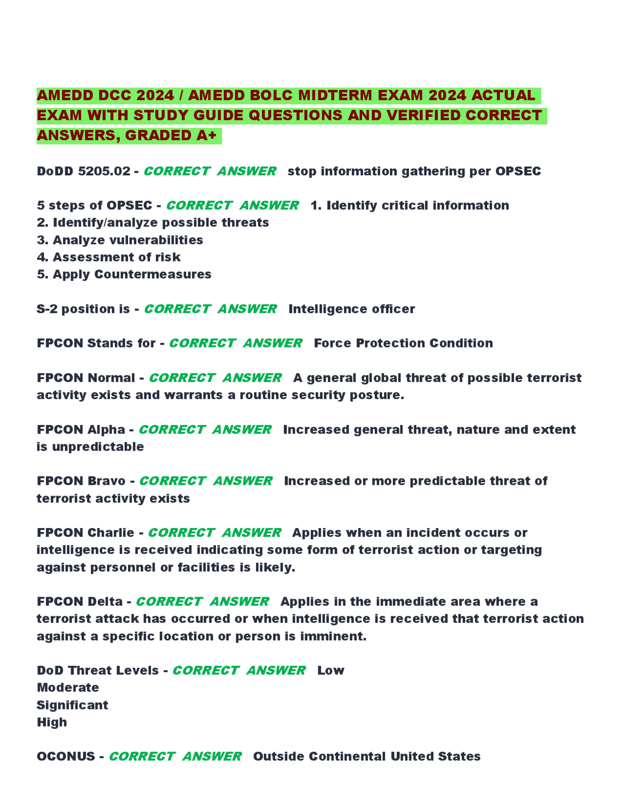 AMEDD DCC 2024 / AMEDD BOLC MIDTERM EXAM 2024 ACTUAL EXAM WITH STUDY ...