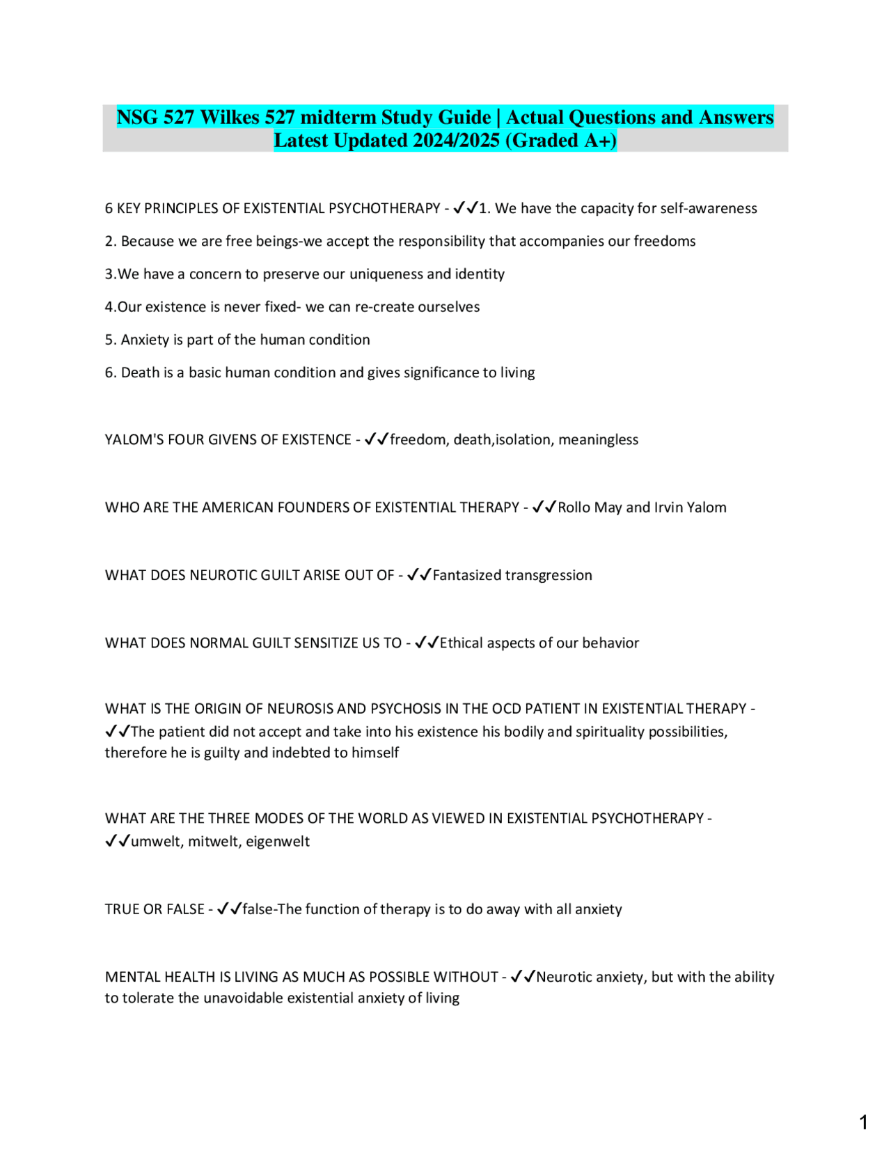 NSG 527 Wilkes 527 midterm Study Guide | Actual Questions and Answers ...