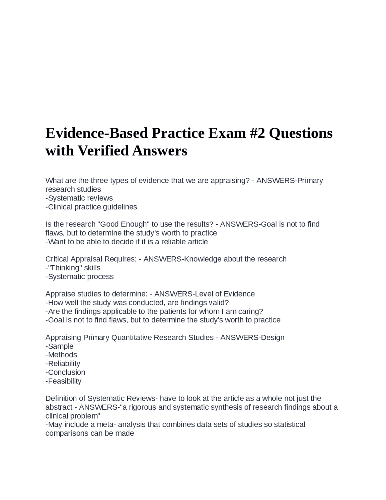 Evidence-Based Practice Exam Questions and Answers | Exams Nursing ...