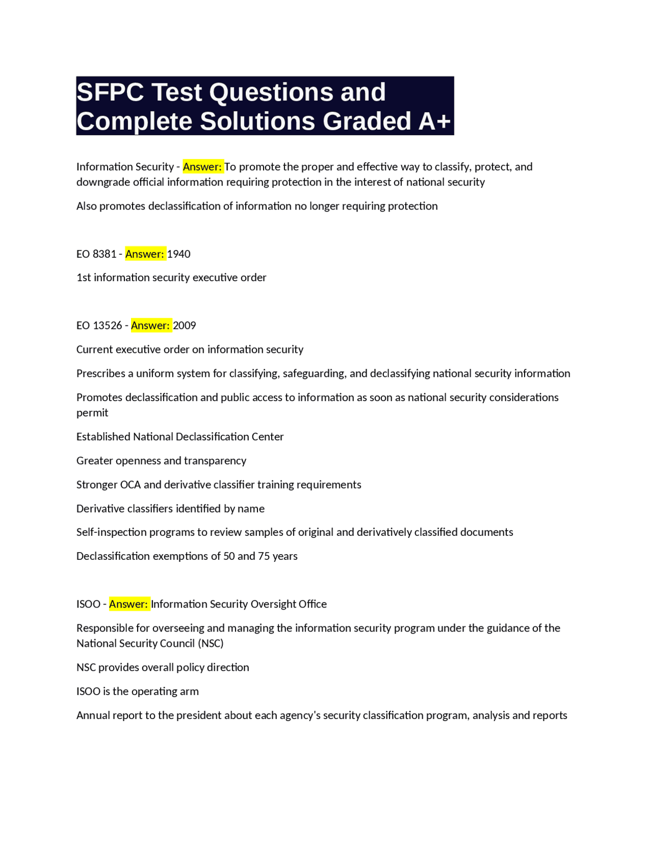 SFPC Test Questions and Complete Solutions Graded A+ | Exams Security ...