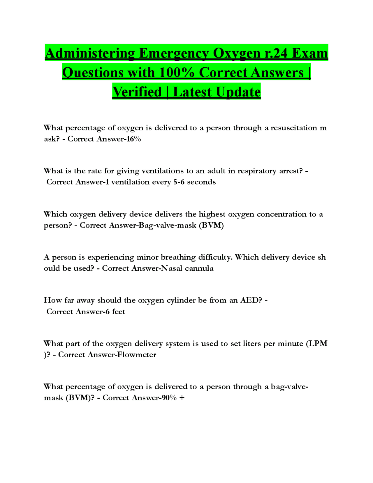 Emergency Oxygen Administration Exam Questions and Answers | Exams ...