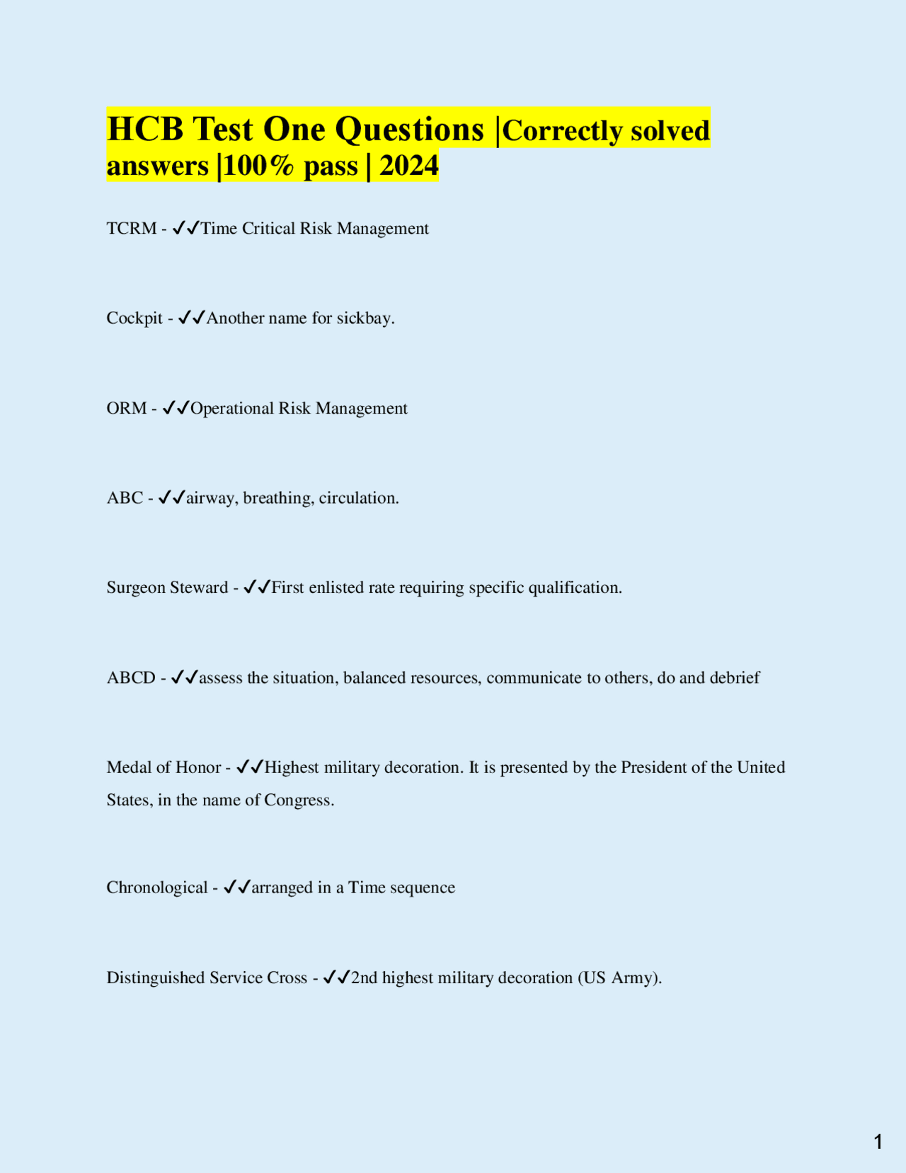 HCB Test One Questions |Correctly solved answers |100% pass | | Exams ...