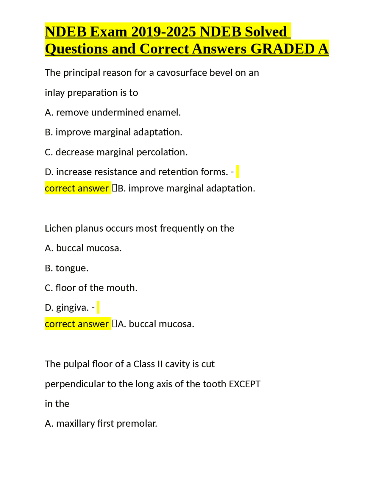 NDEB Exam 2019-2025 NDEB Solved Questions and Correct Answers GRADED A ...