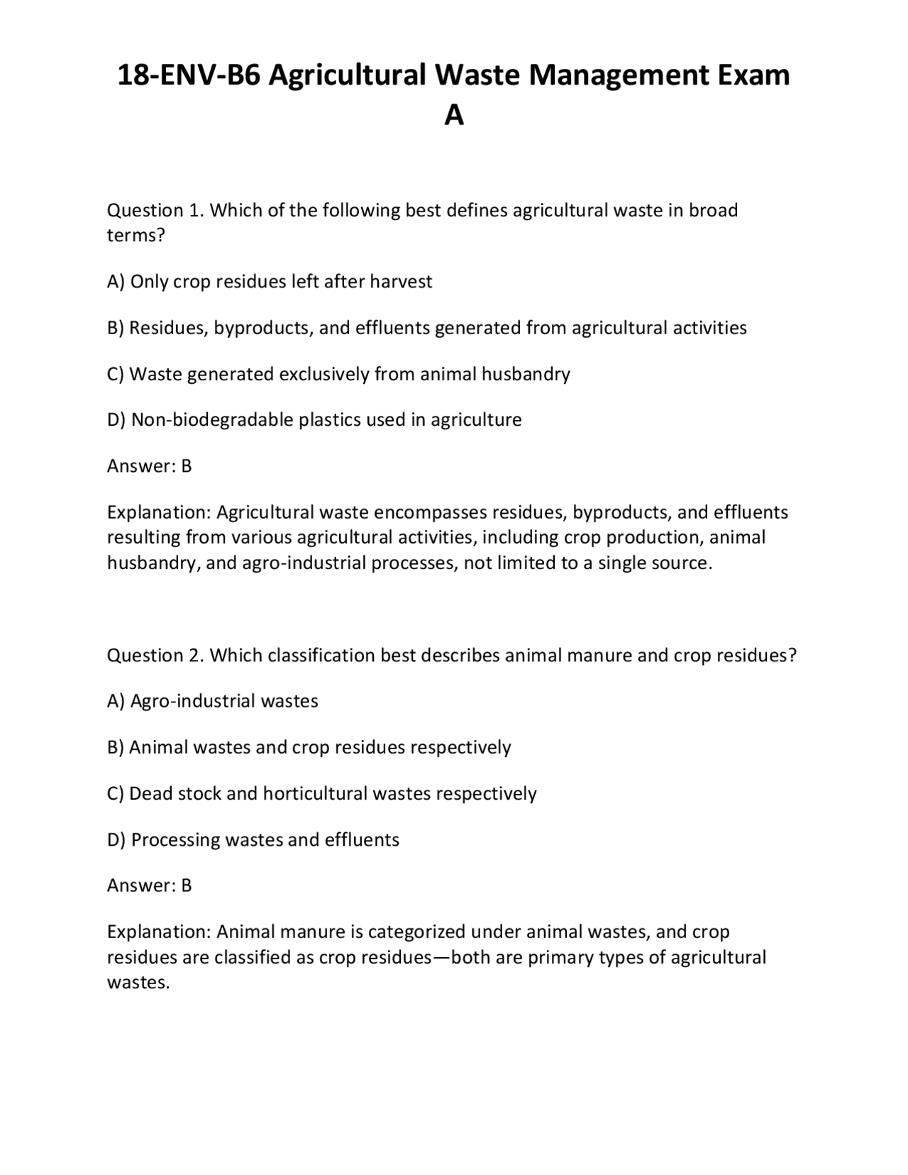 18-ENV-B6 Agricultural Waste Management Exam A | Exams Technology | Docsity