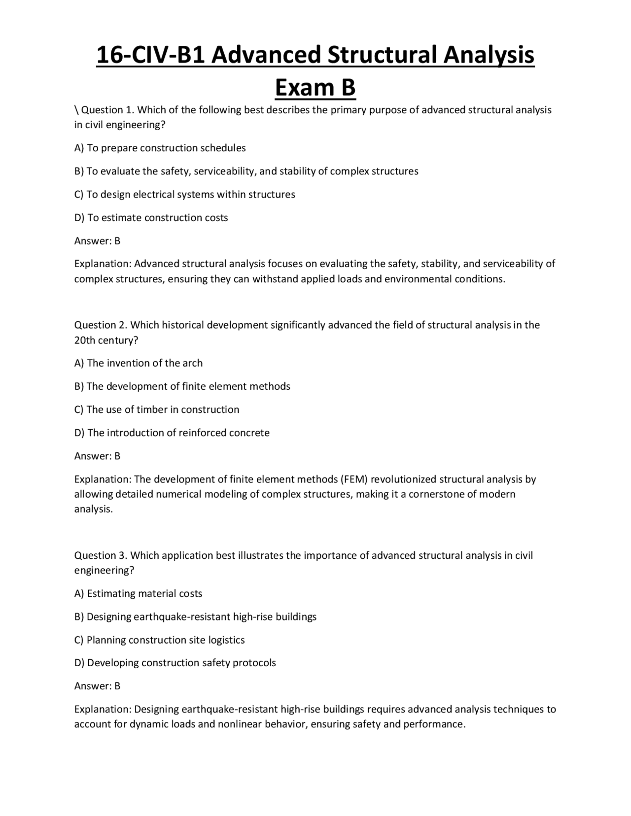 Advanced Structural Analysis Exam Questions | Exams Technology | Docsity