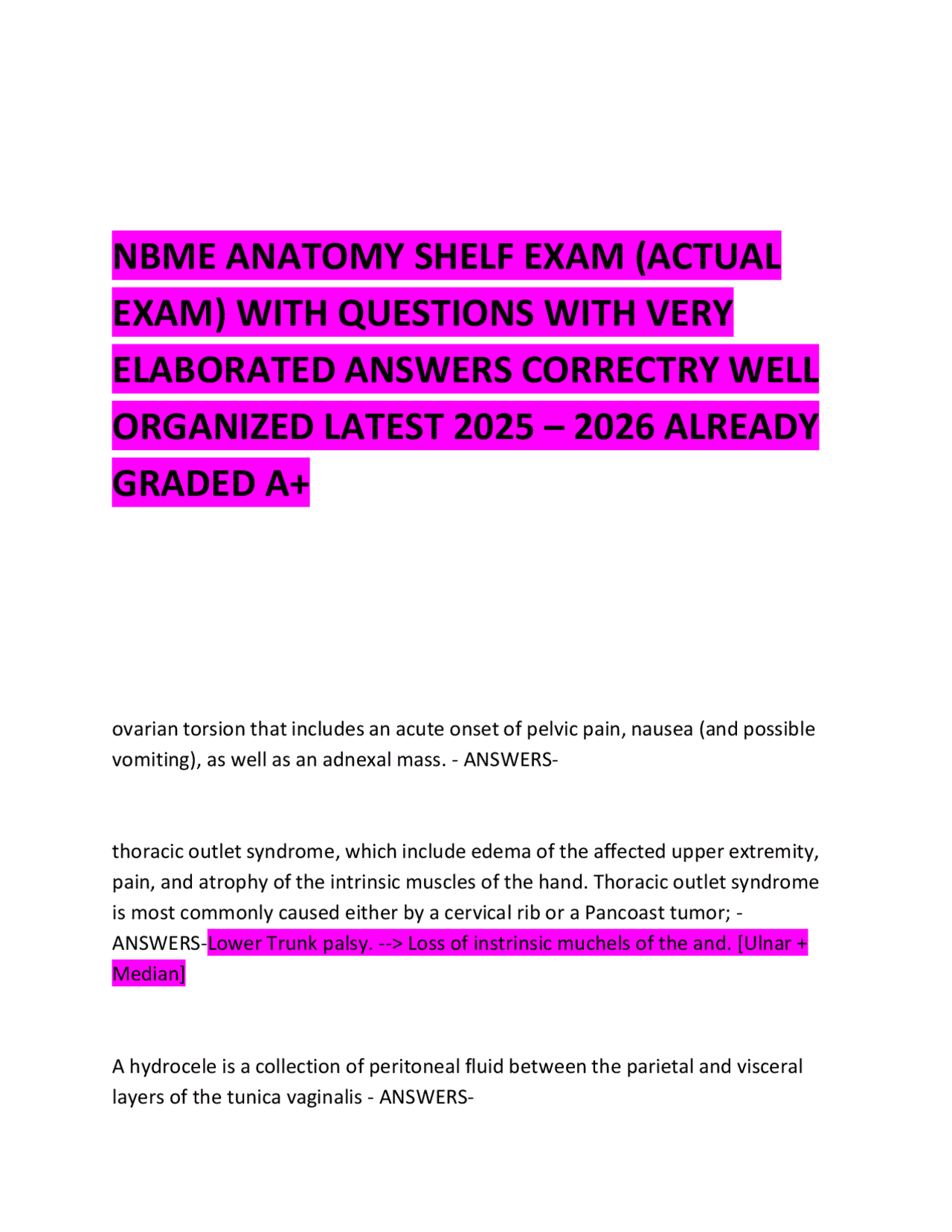 NBME ANATOMY SHELF EXAM (ACTUAL EXAM) WITH QUESTIONS WITH VERY ...