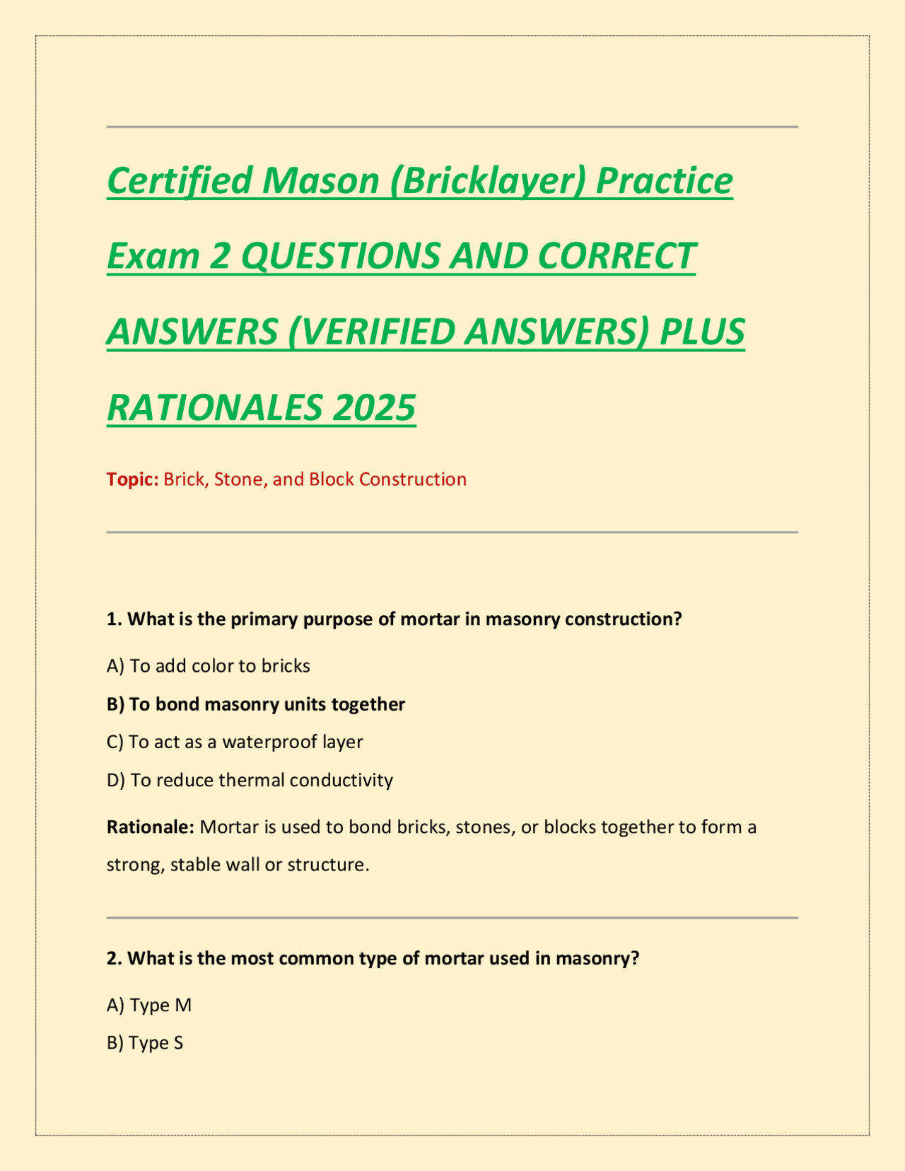 Certified Mason (Bricklayer) Practice Exam 2 QUESTIONS AND CORRECT ...