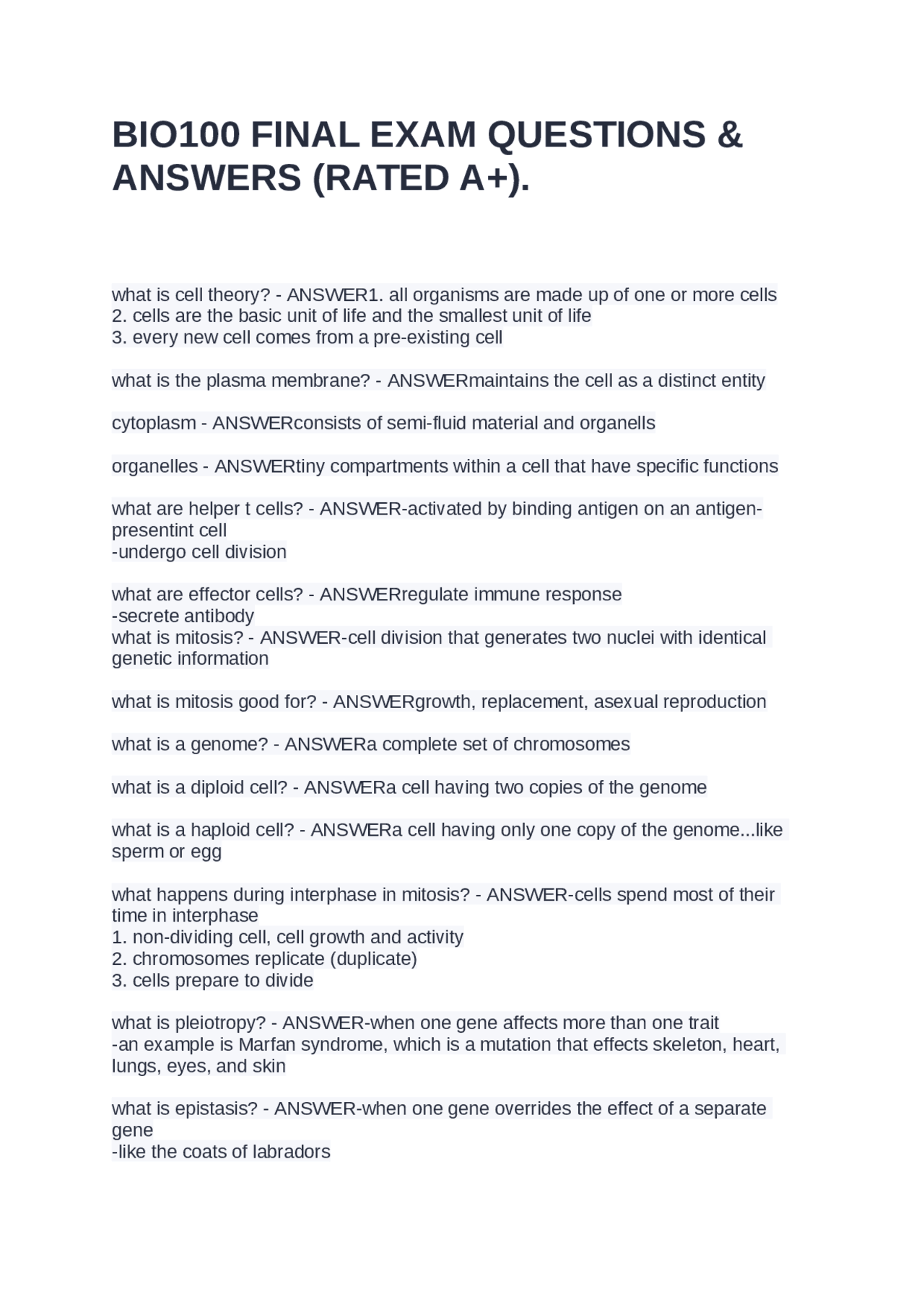 BIO100 FINAL EXAM QUESTIONS & ANSWERS (RATED A+). | Exams Biology | Docsity