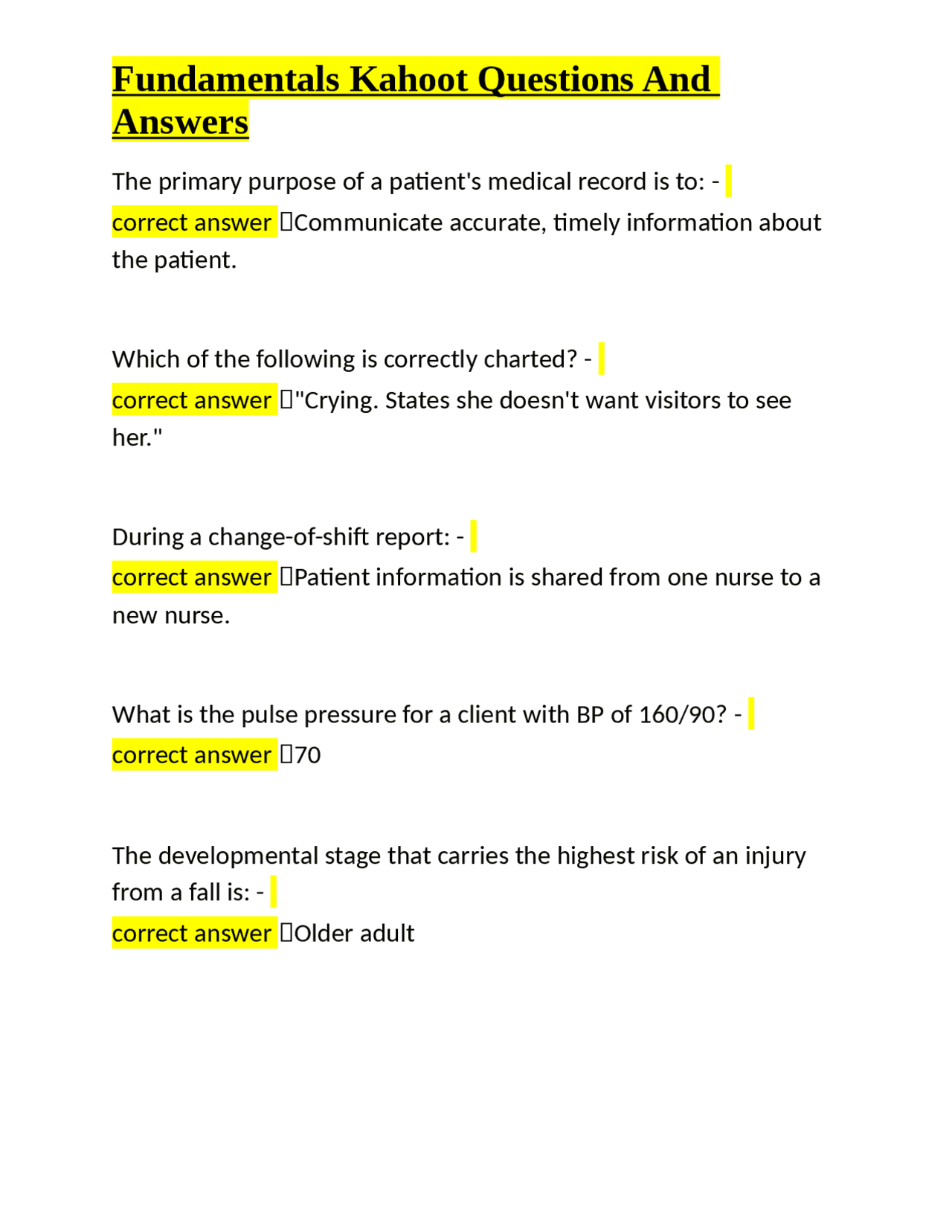 Fundamentals Kahoot Questions And Answers | Exams Nursing | Docsity