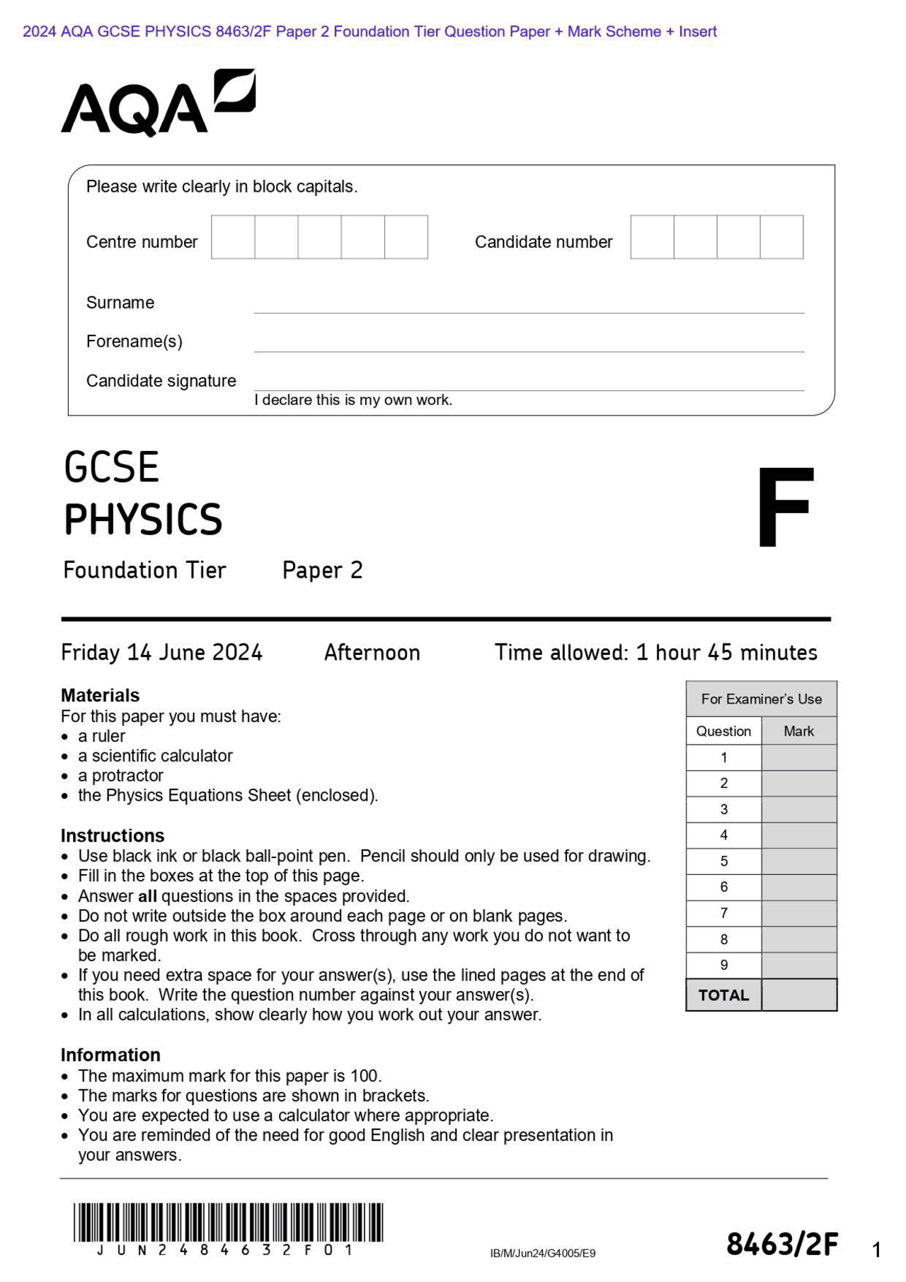 .2024 AQA GCSE PHYSICS 8463/2F Paper 2 Foundation Tier Question Paper ...