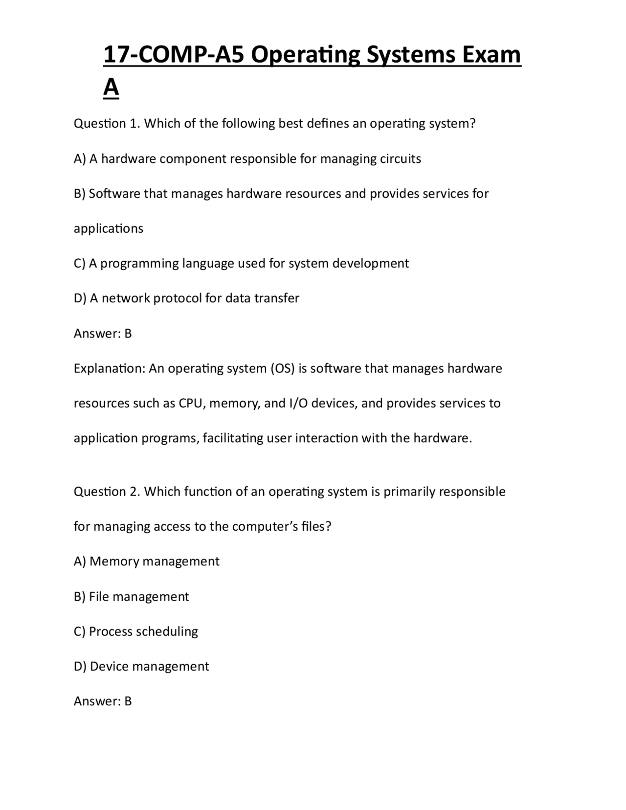 17-COMP-A5 Operating Systems Exam A | Exams Technology | Docsity