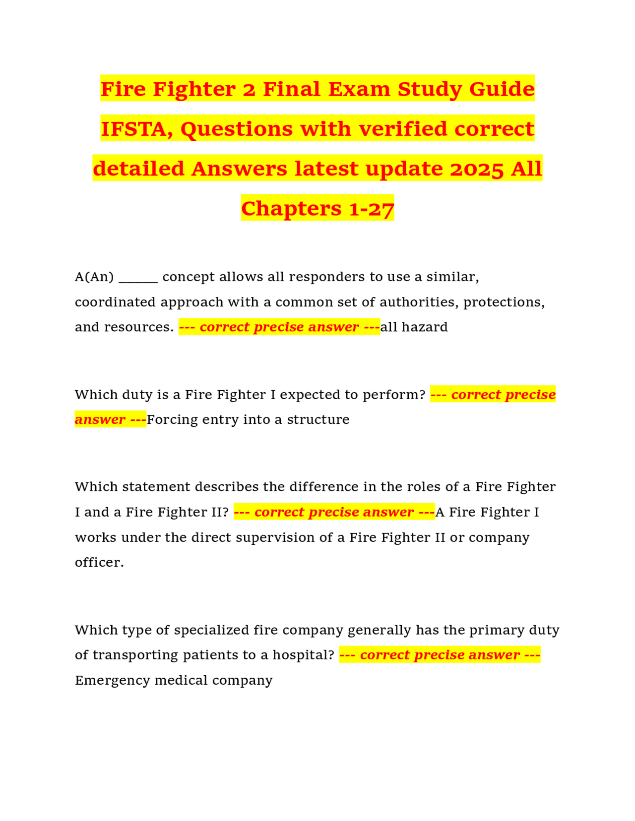 Fire Fighter 2 Final Exam Study Guide IFSTA, Questions with verified correct detailed Answ ...