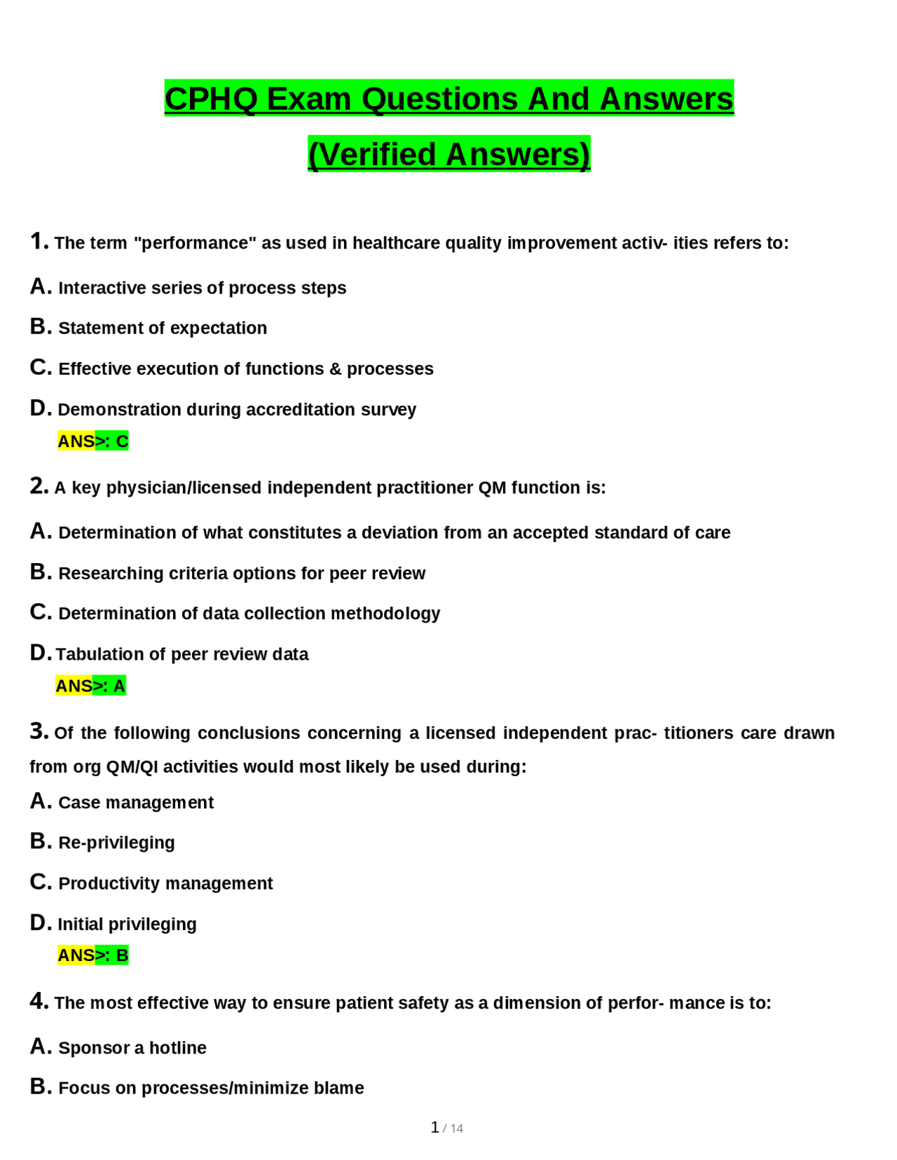 CPHQ Exam tested questions with revised correct answers, (a+ guarantee ...