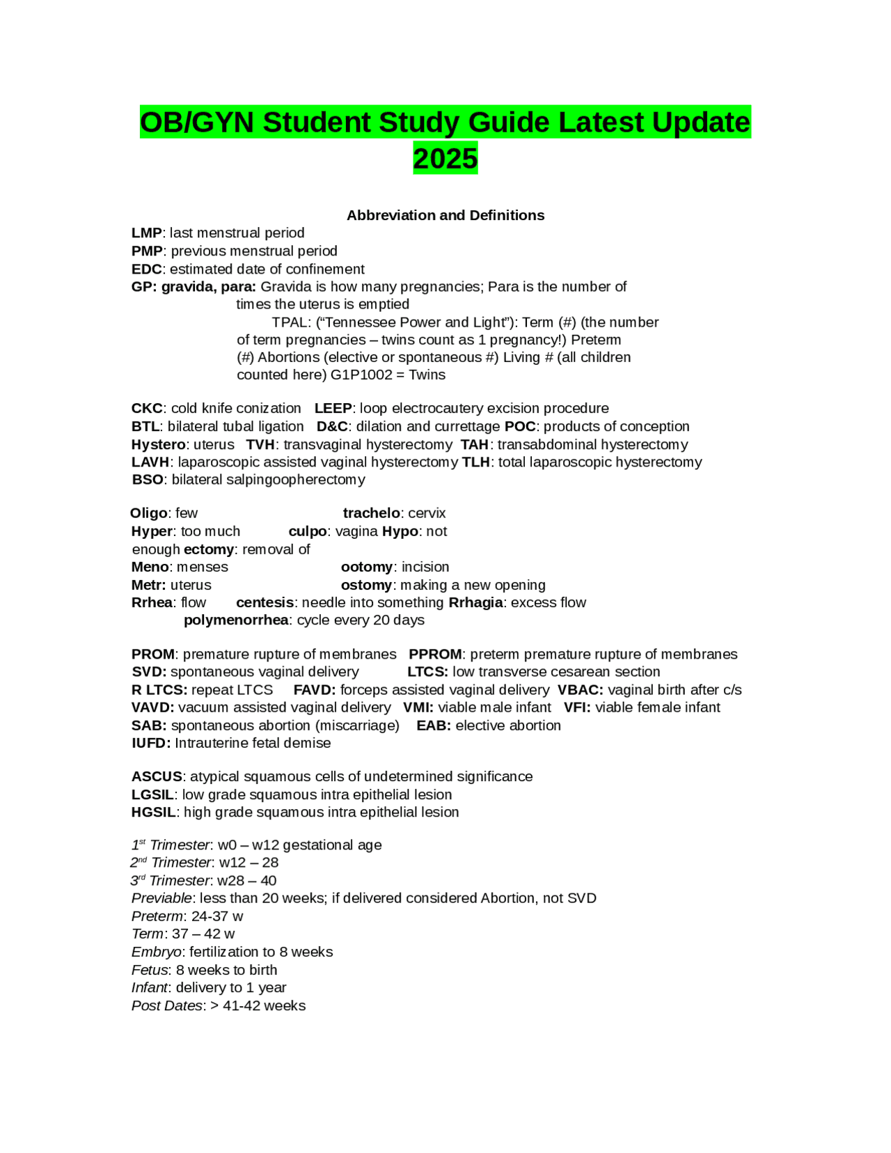 OB-GYN 1500 Study Guide For Midterm Questions & Answers Graded A ...