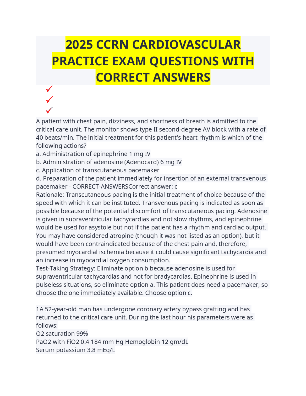 2025 CCRN CARDIOVASCULAR PRACTICE EXAM QUESTIONS WITH CORRECT ANSWERS ...