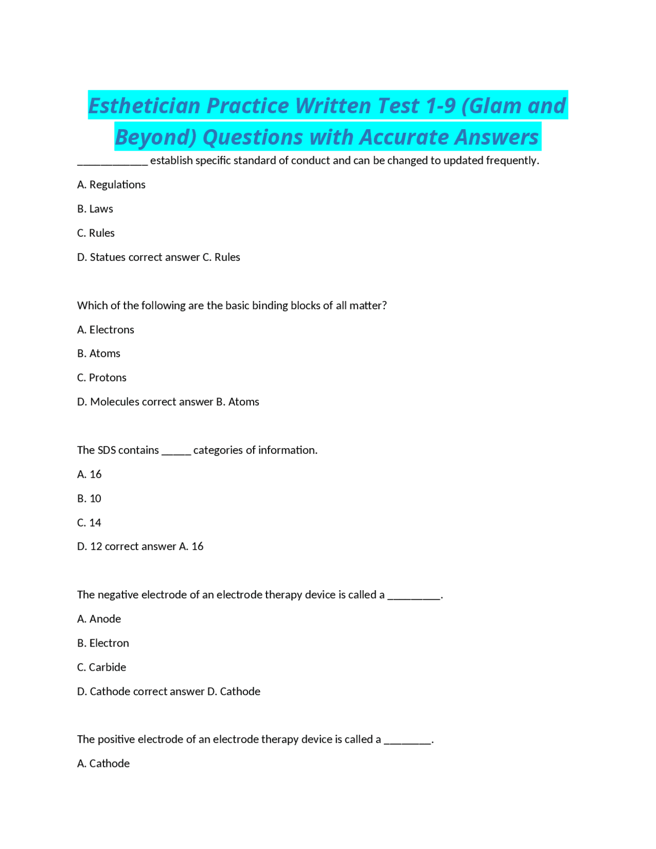 Esthetician Practice Written Test 1-9 (Glam and Beyond) Questions with ...