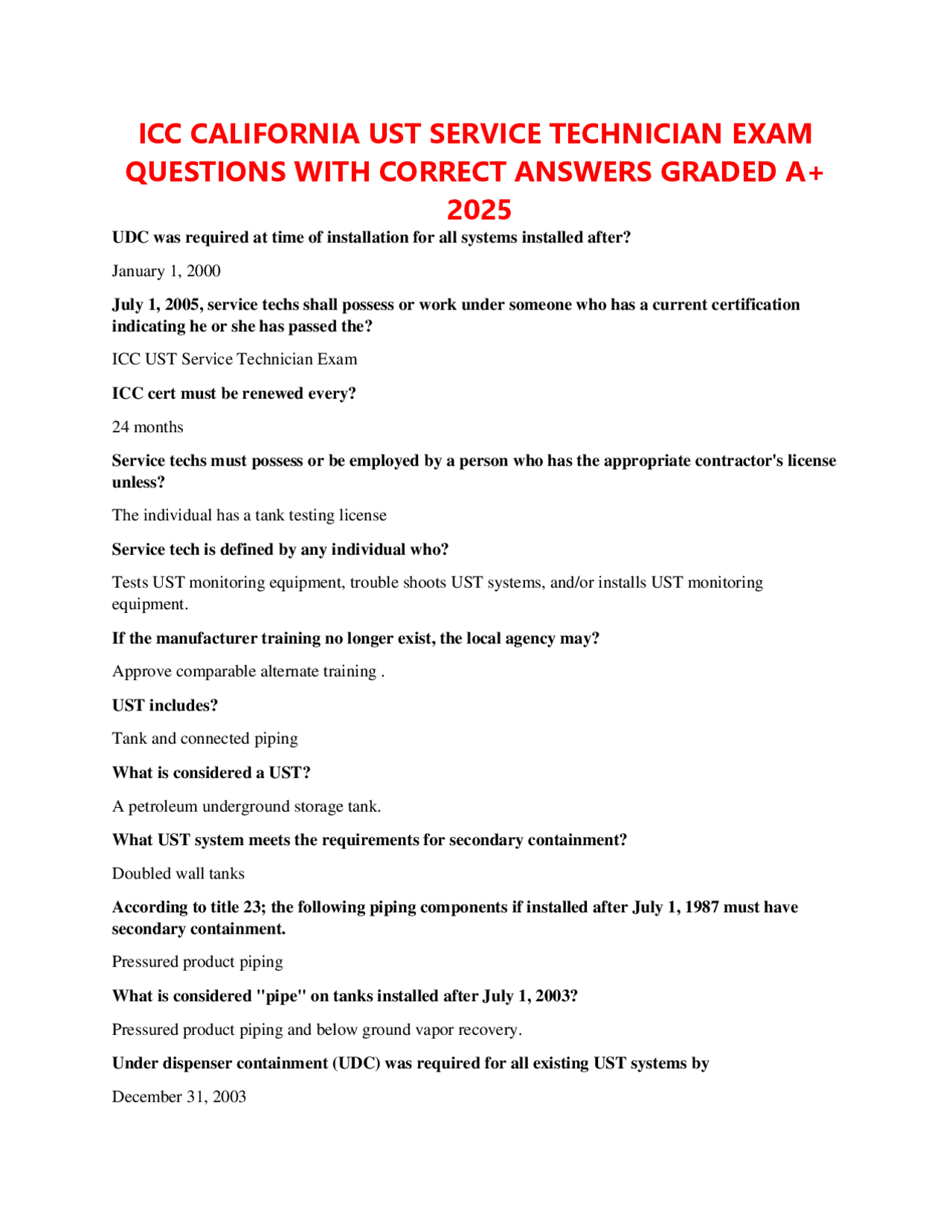 ICC CALIFORNIA UST SERVICE TECHNICIAN EXAM QUESTIONS WITH CORRECT ...