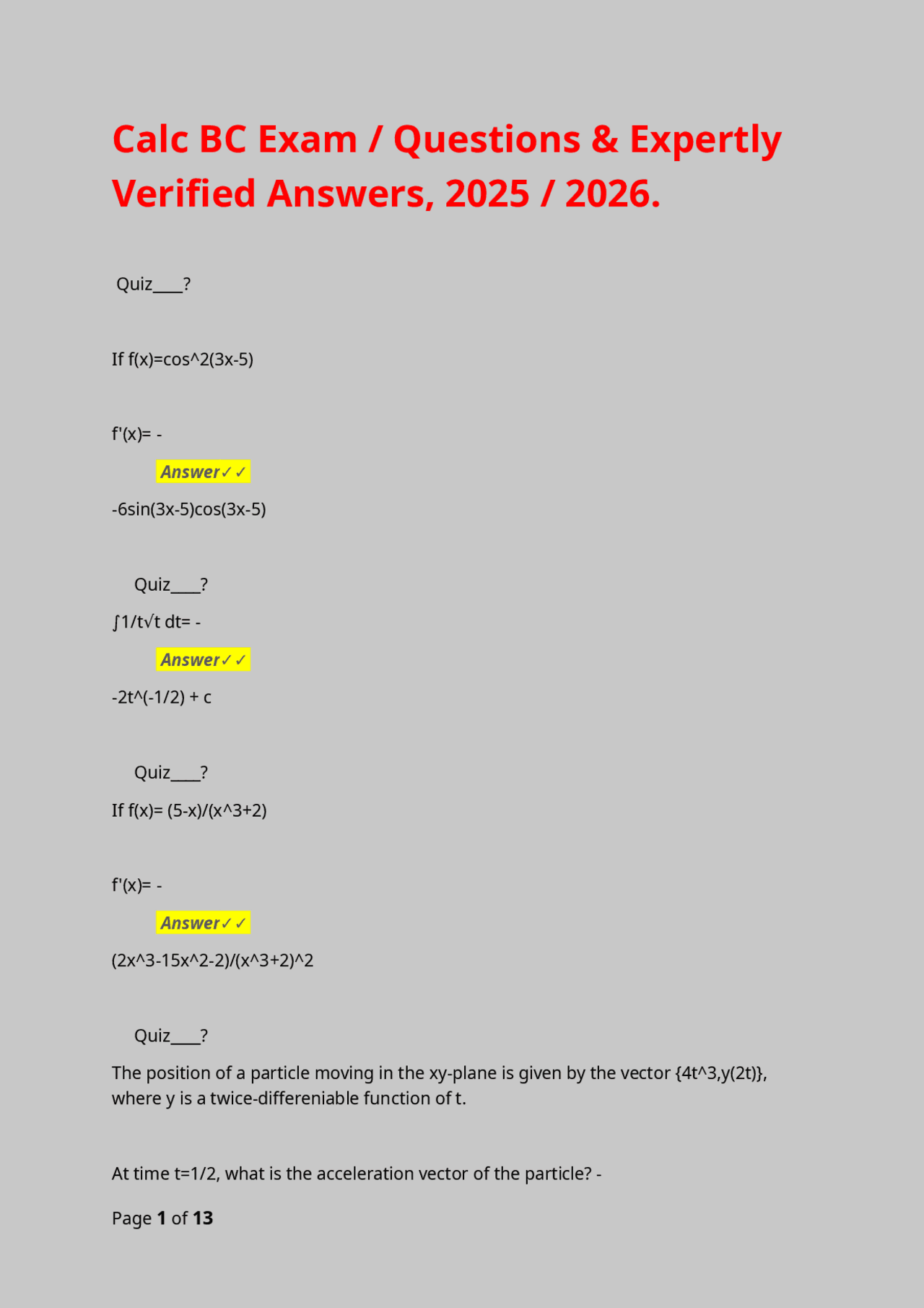 Calc BC Exam / Questions & Expertly Verified Answers, 2025 / 2026 ...