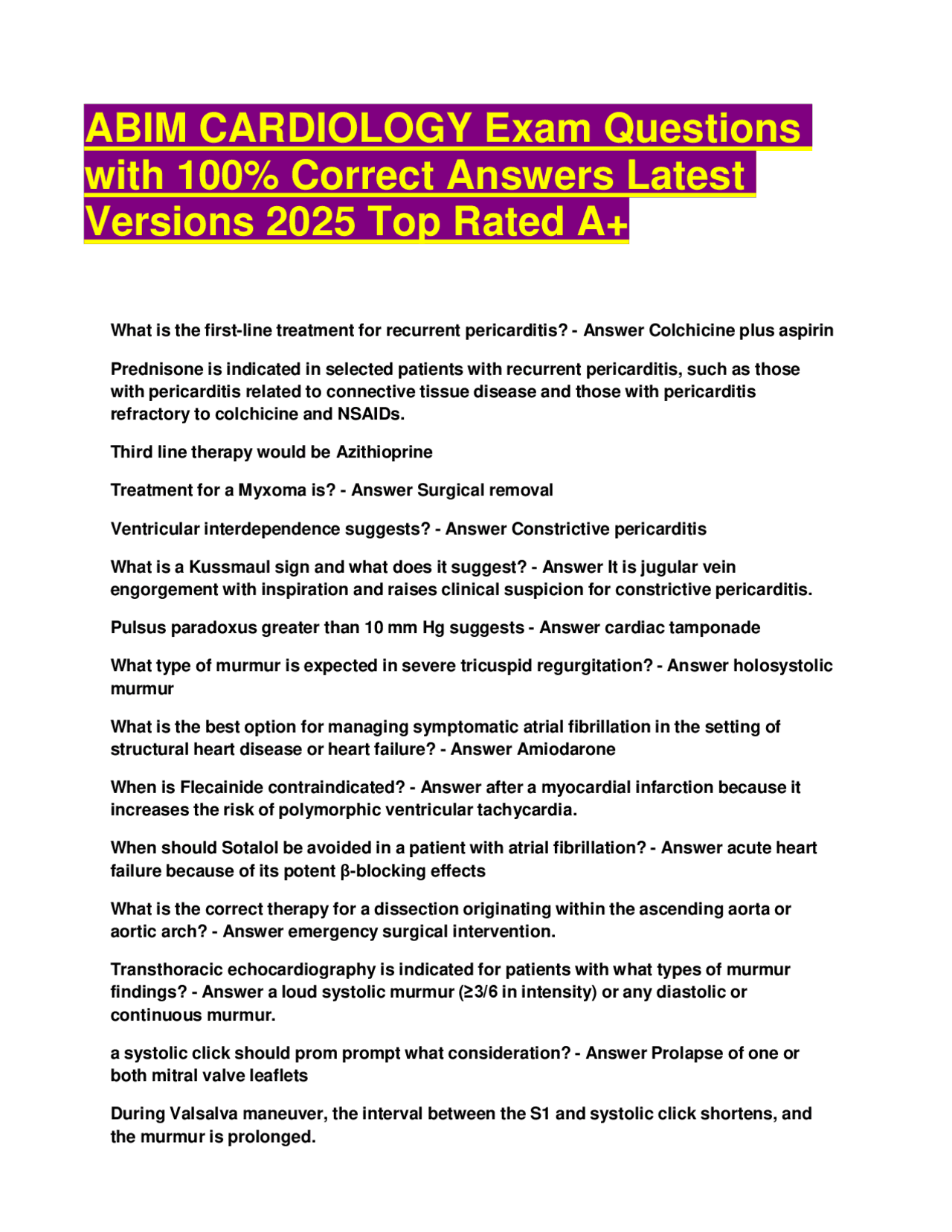 ABIM CARDIOLOGY Exam Questions with 100% Correct Answers Latest ...